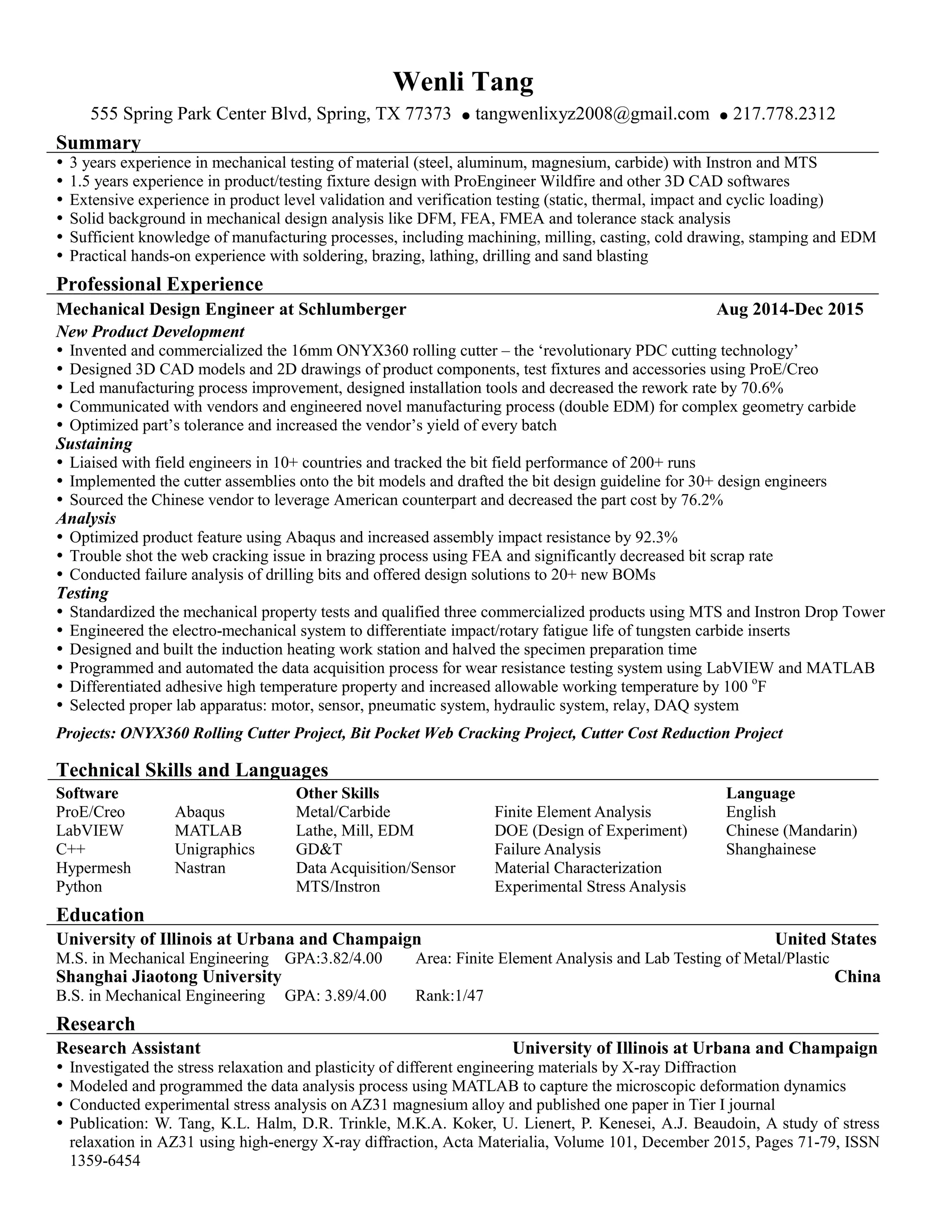 Updated Wenli Tang Resume | PDF