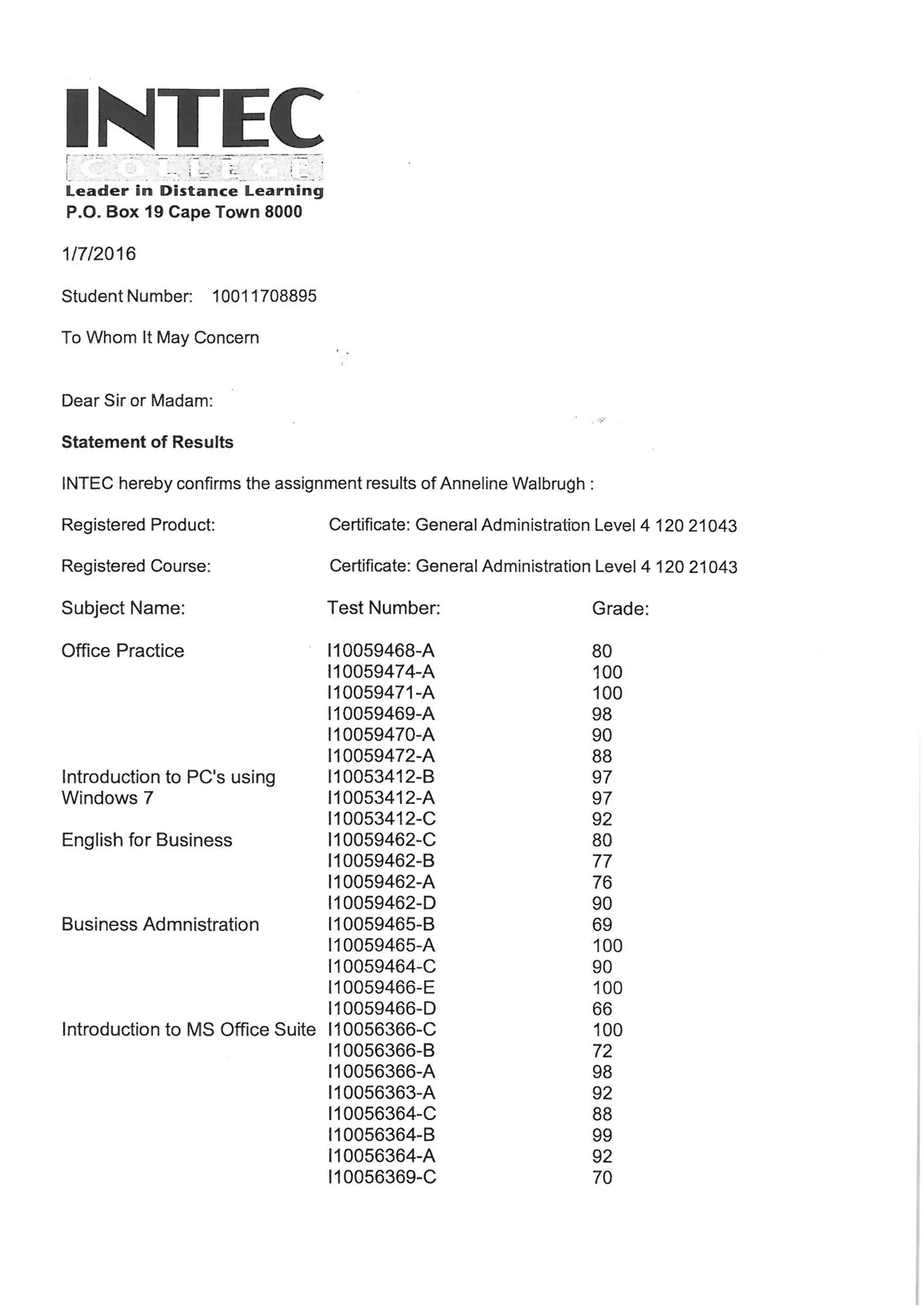 Copy of Certificate & results in General Admin NQF Level4 | PDF