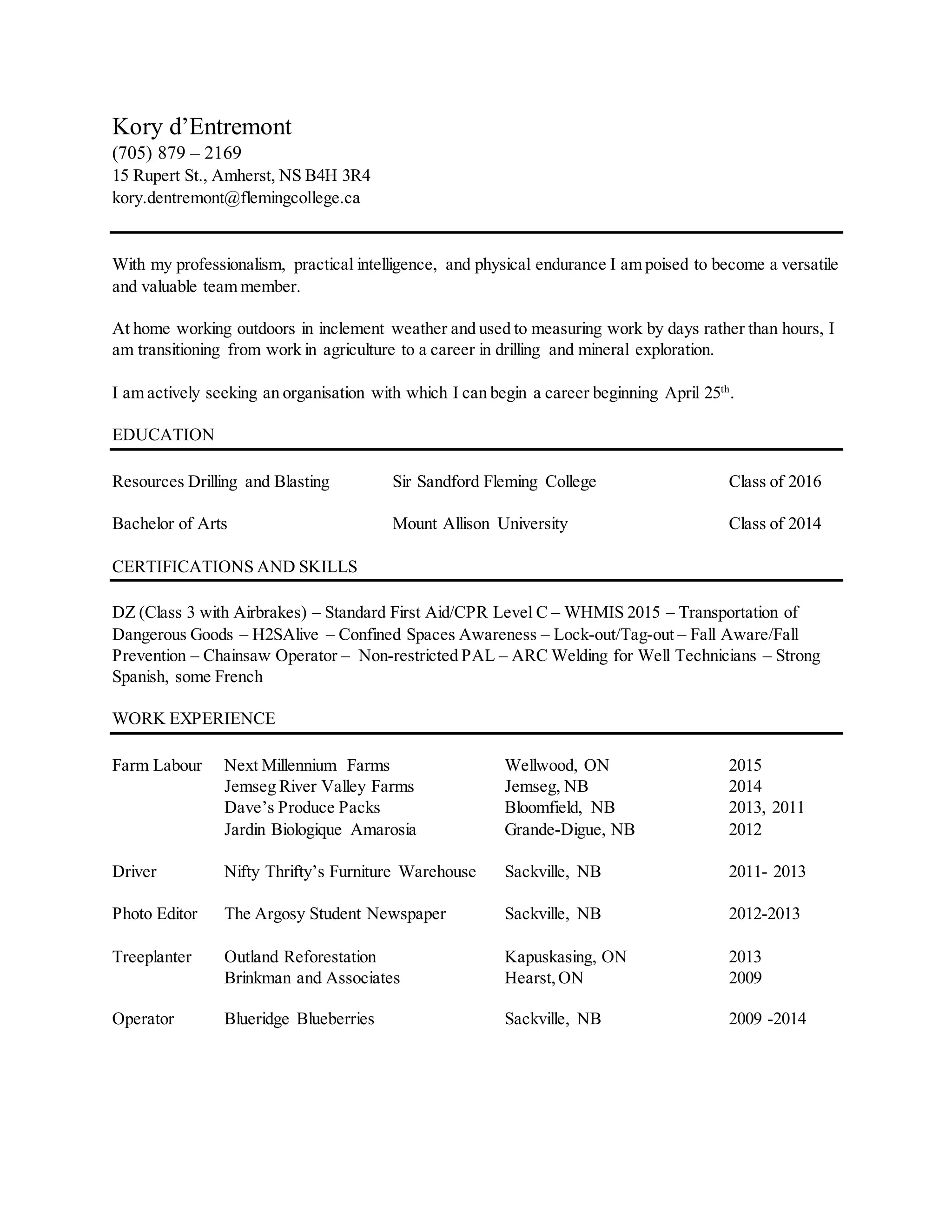 Resume, Kory d'Entremont, LinkedIn | DOCX