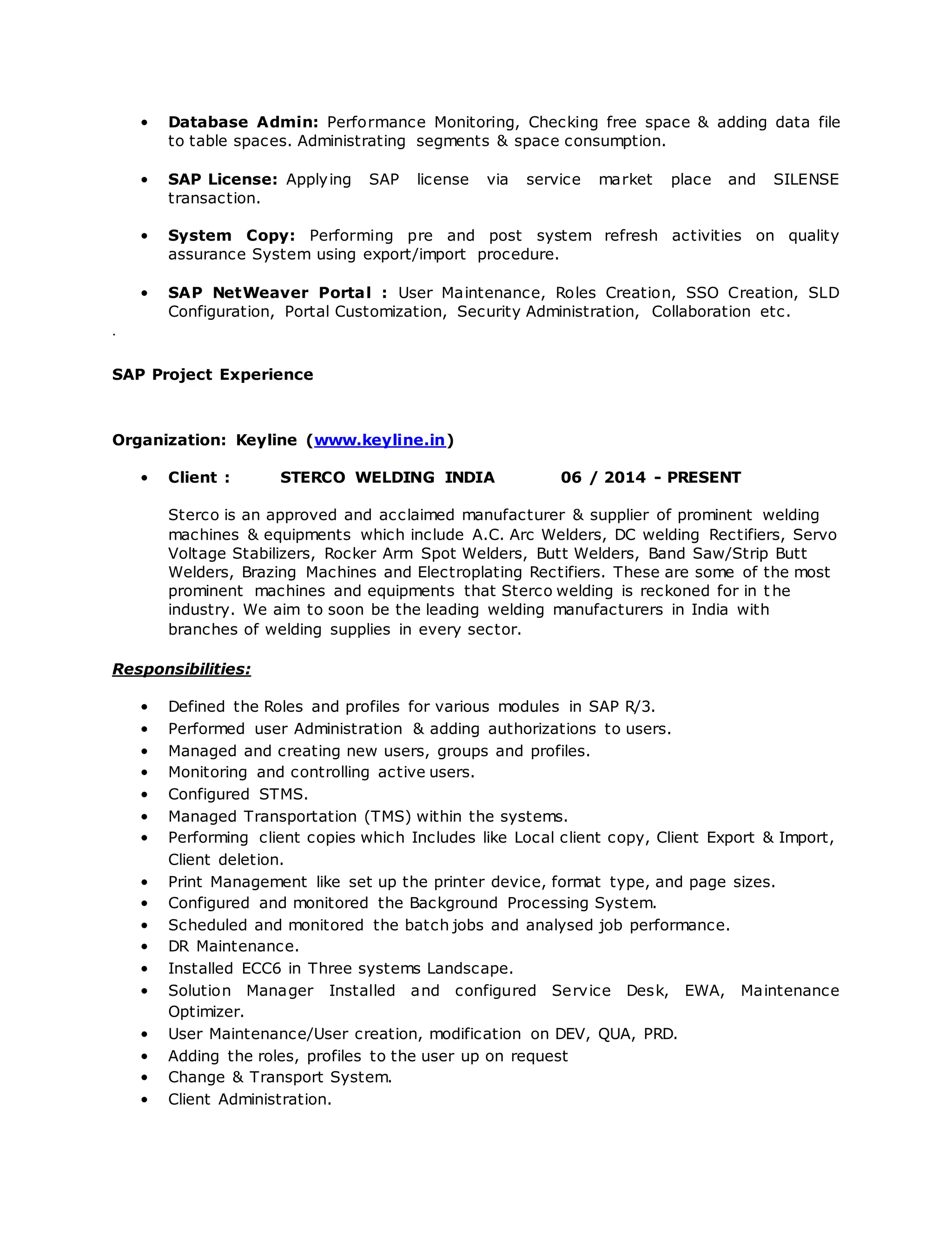 sap basis 2.5 yr exp. resume | DOCX