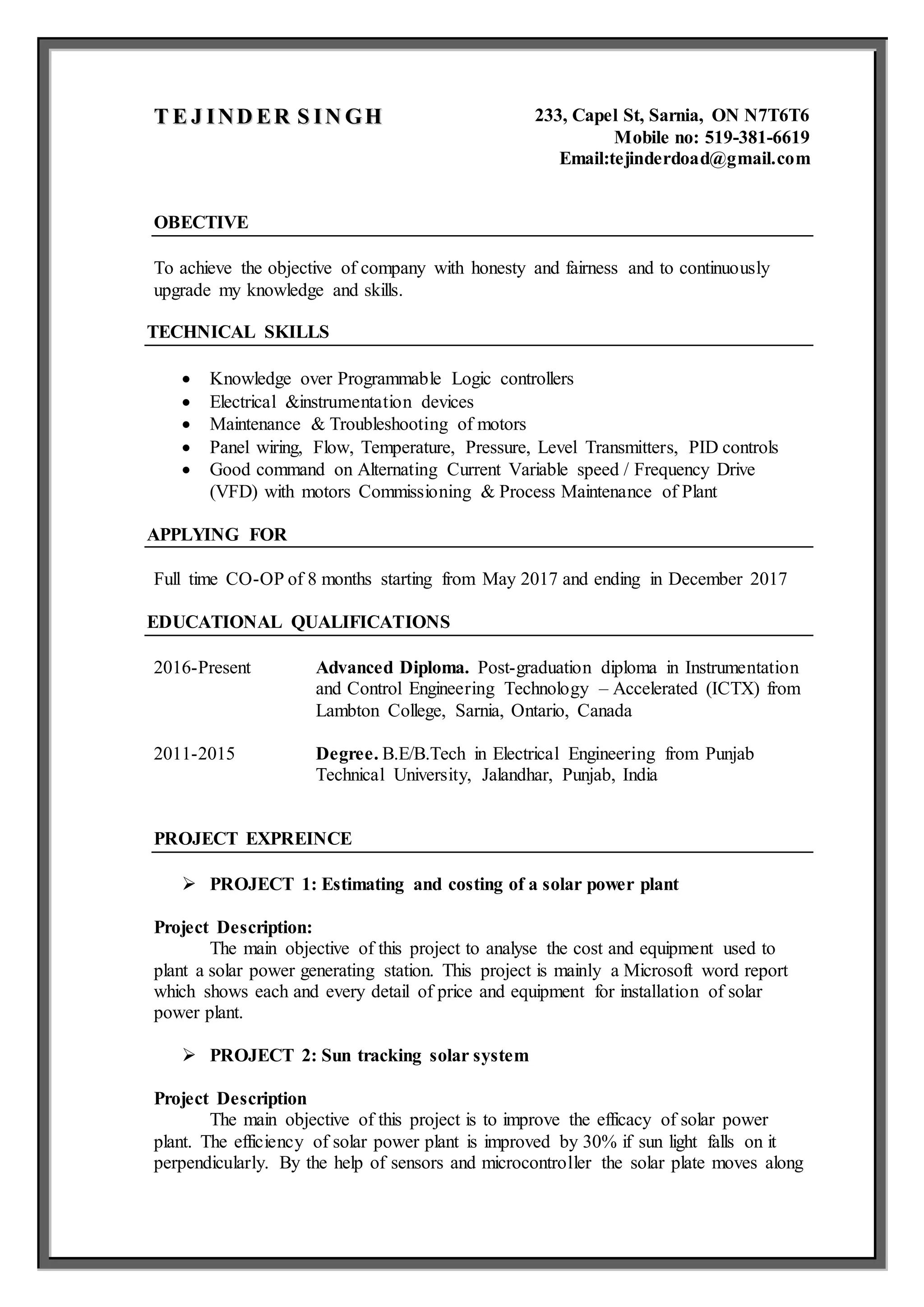 Resume CO-OP INSTT & CTRL ENGG | PDF