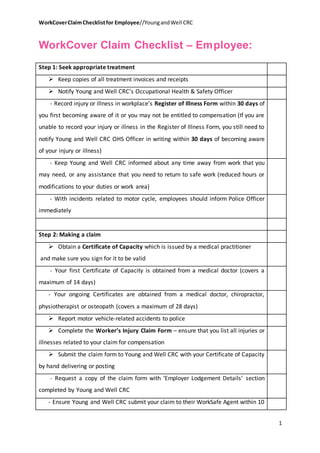 WorkCover Claim Checklist for Employee | DOCX