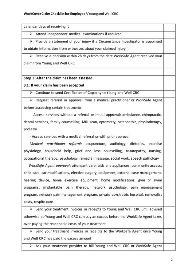 WorkCover Claim Checklist for Employee | DOCX