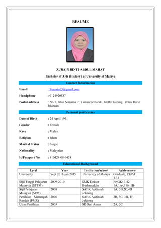 RESUME ZURAIN MAHAT | PDF