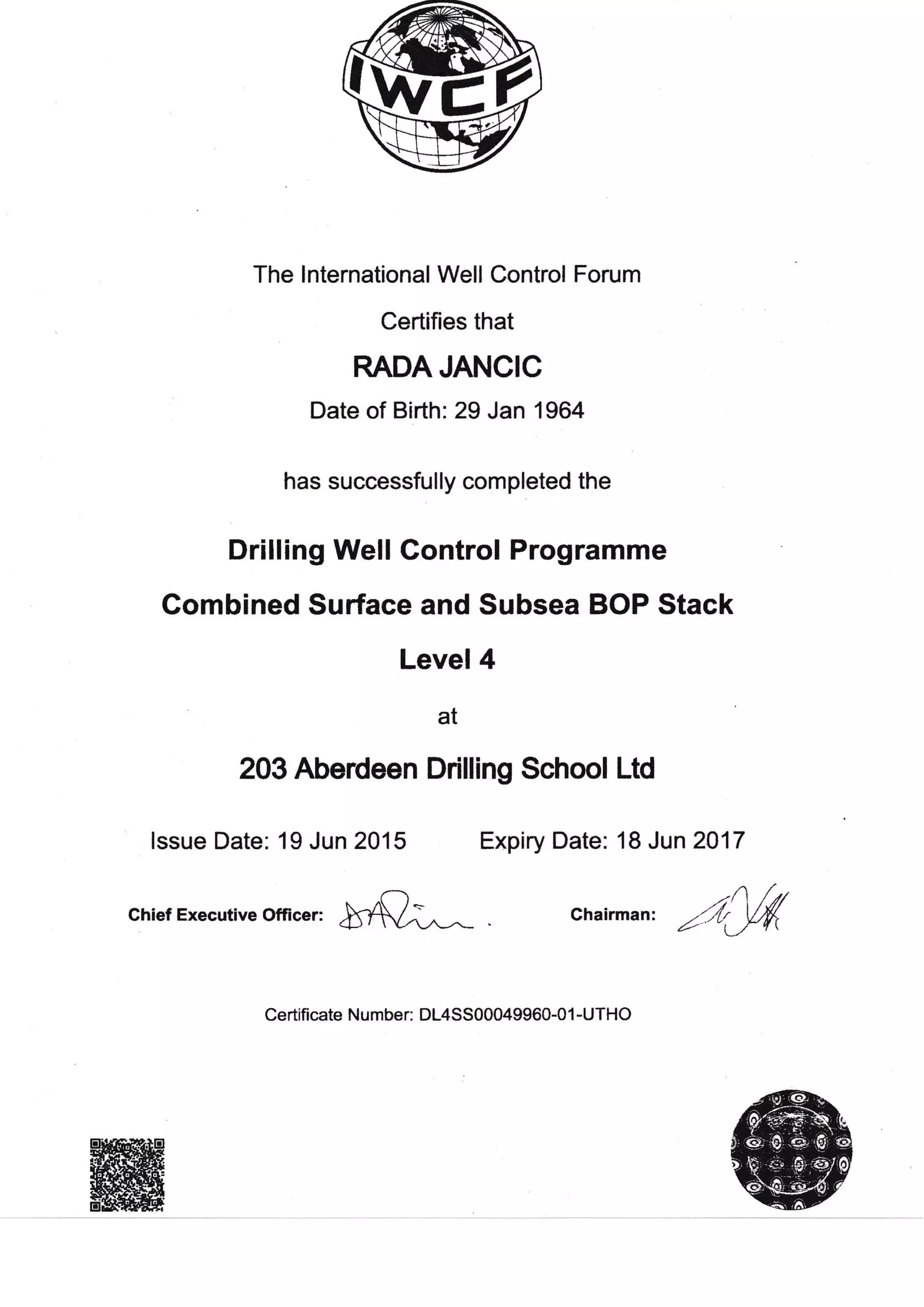 IWCF Certificate (Combined Surface and Subsea BOP) - Rada Jancic | PDF