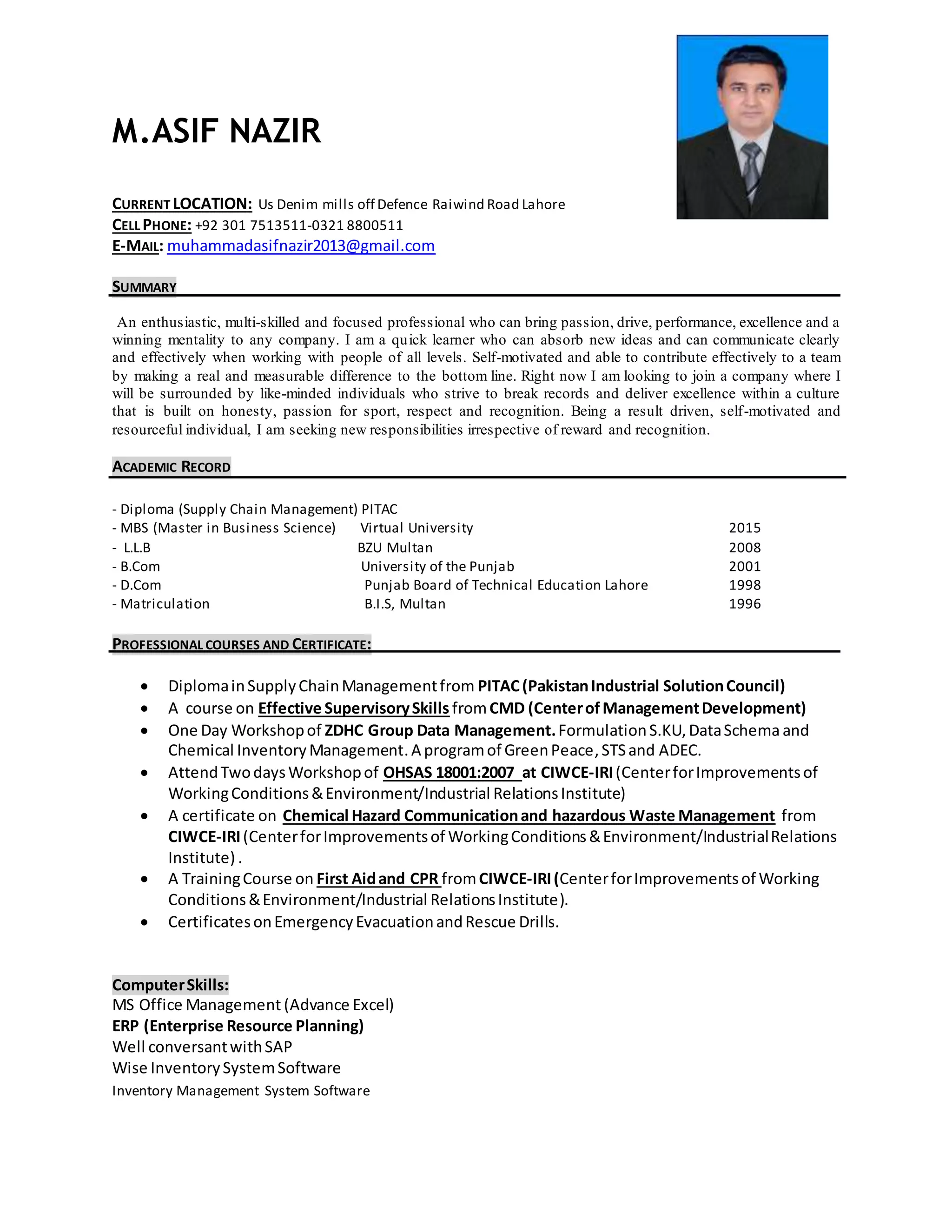 Asif Nazir CV | DOCX | Logistics | Business