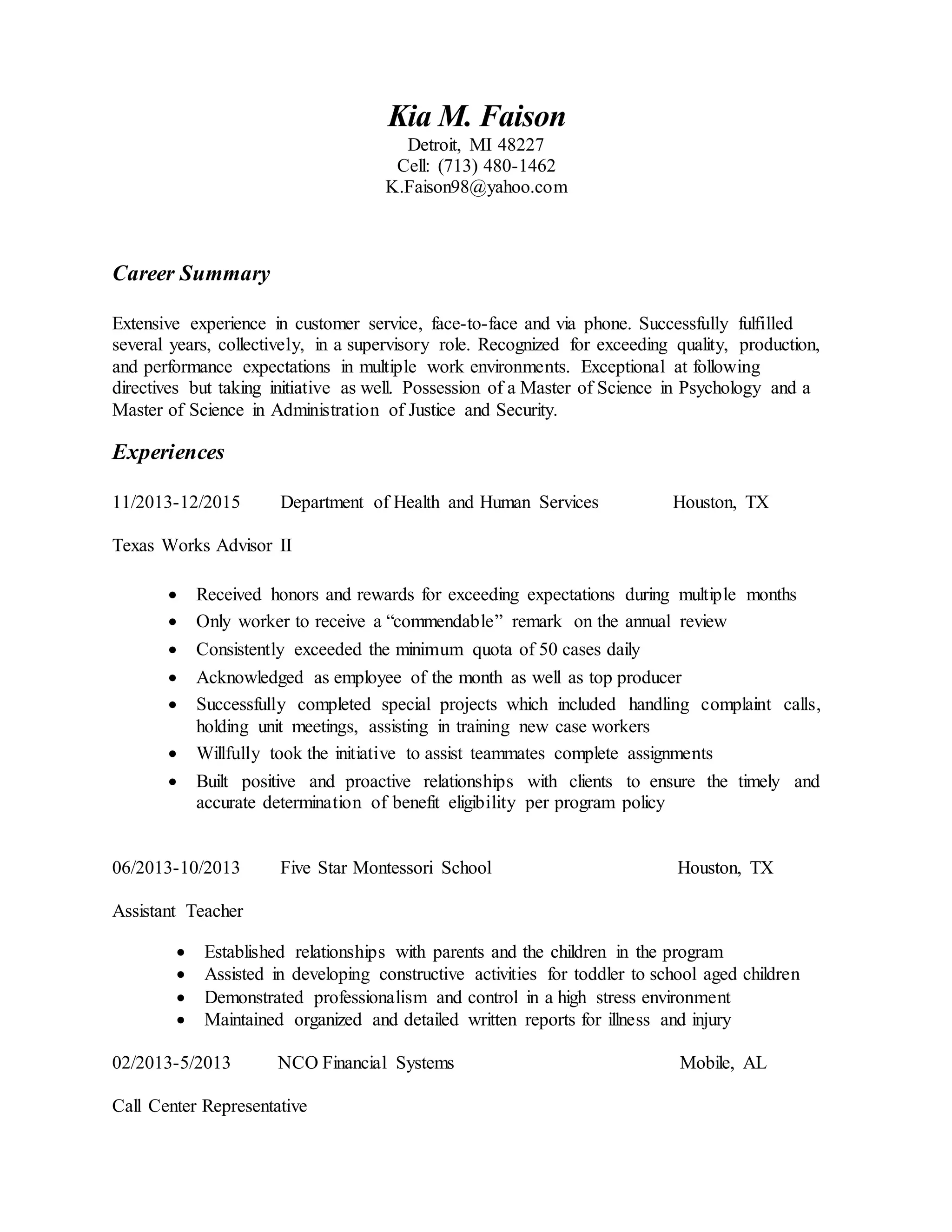 Kia Faisons Resume 1 | PDF