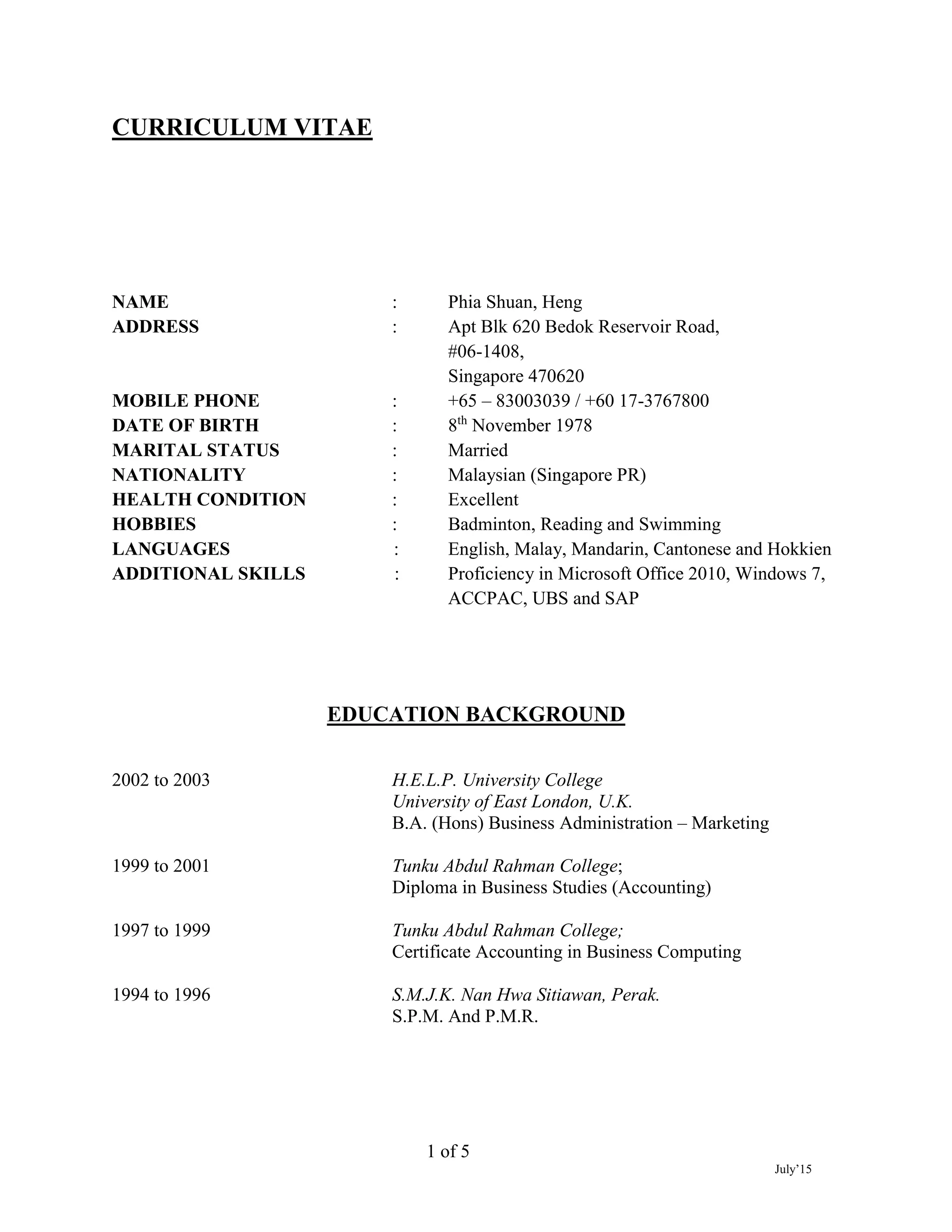 Phia Shuan,Heng - CV_2016 | PDF