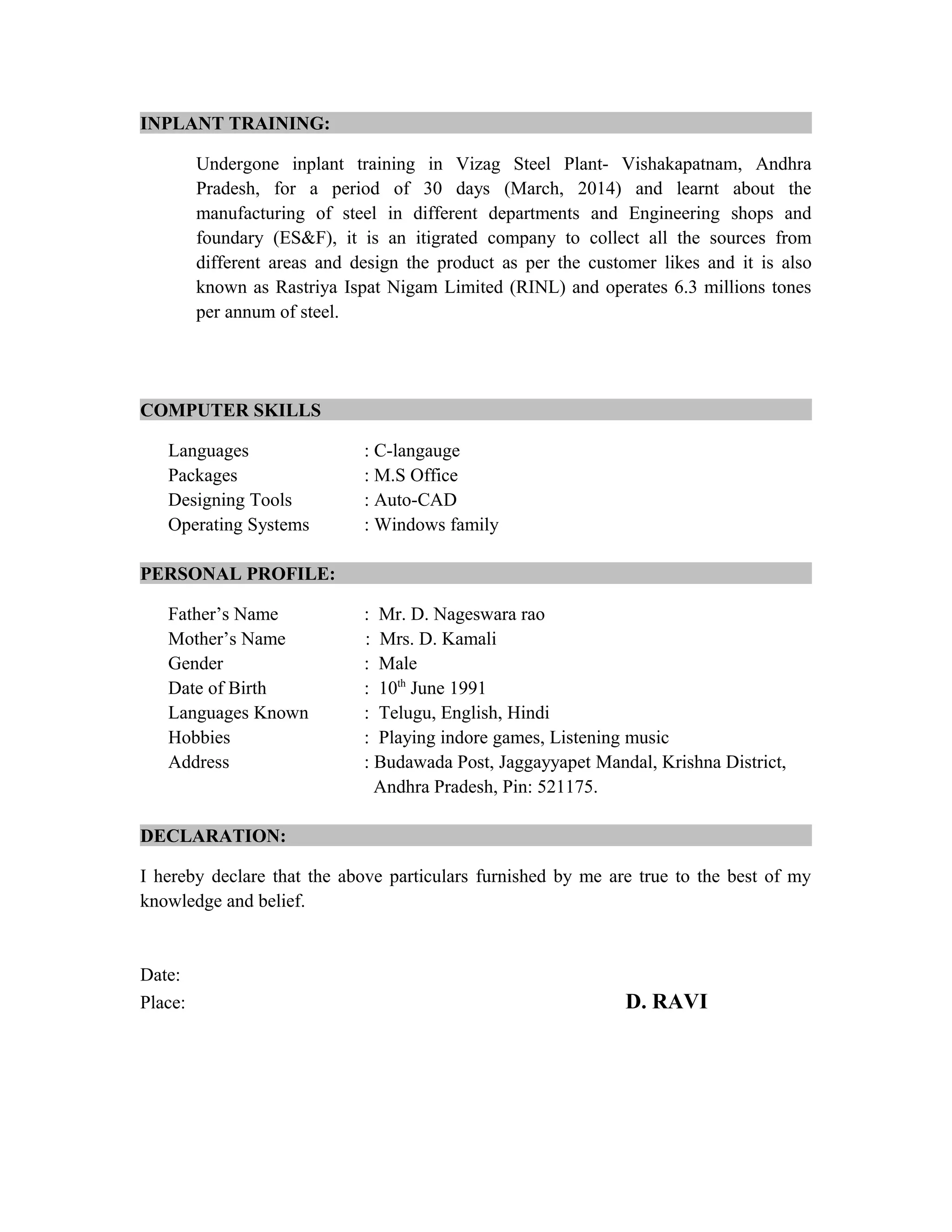 Ravi Resume B.Tech Mech | DOC
