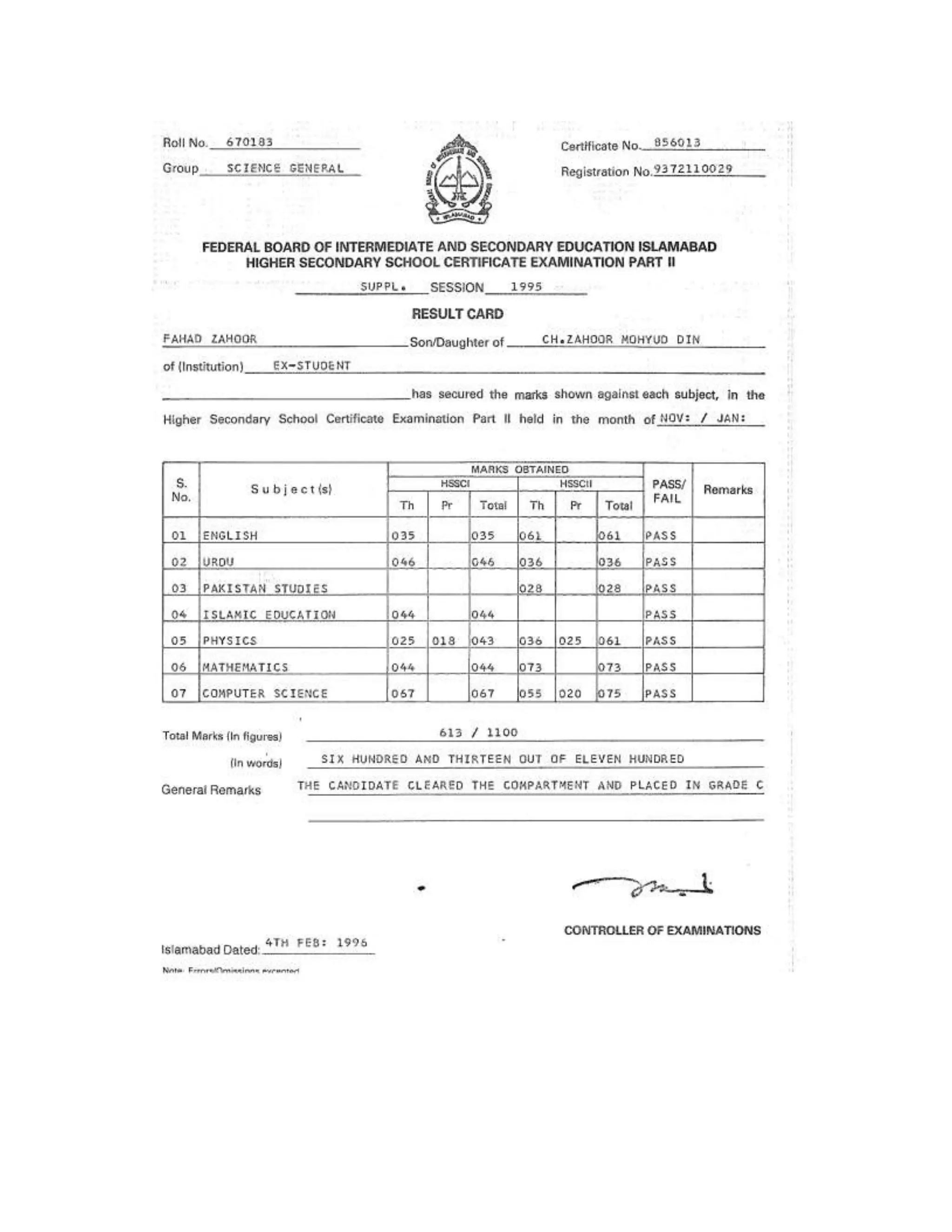 F.S.C Marks Sheet Attested Certificate Fahad Zahoor | DOCX
