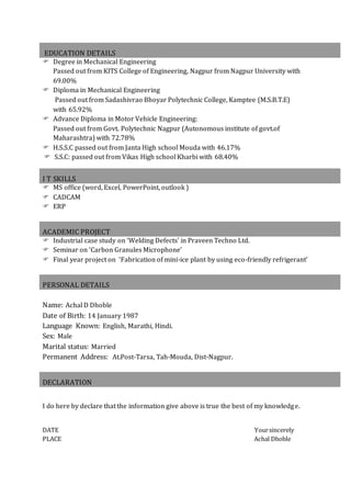 Resume_achal | DOCX | Manufacturing Industry | Industries