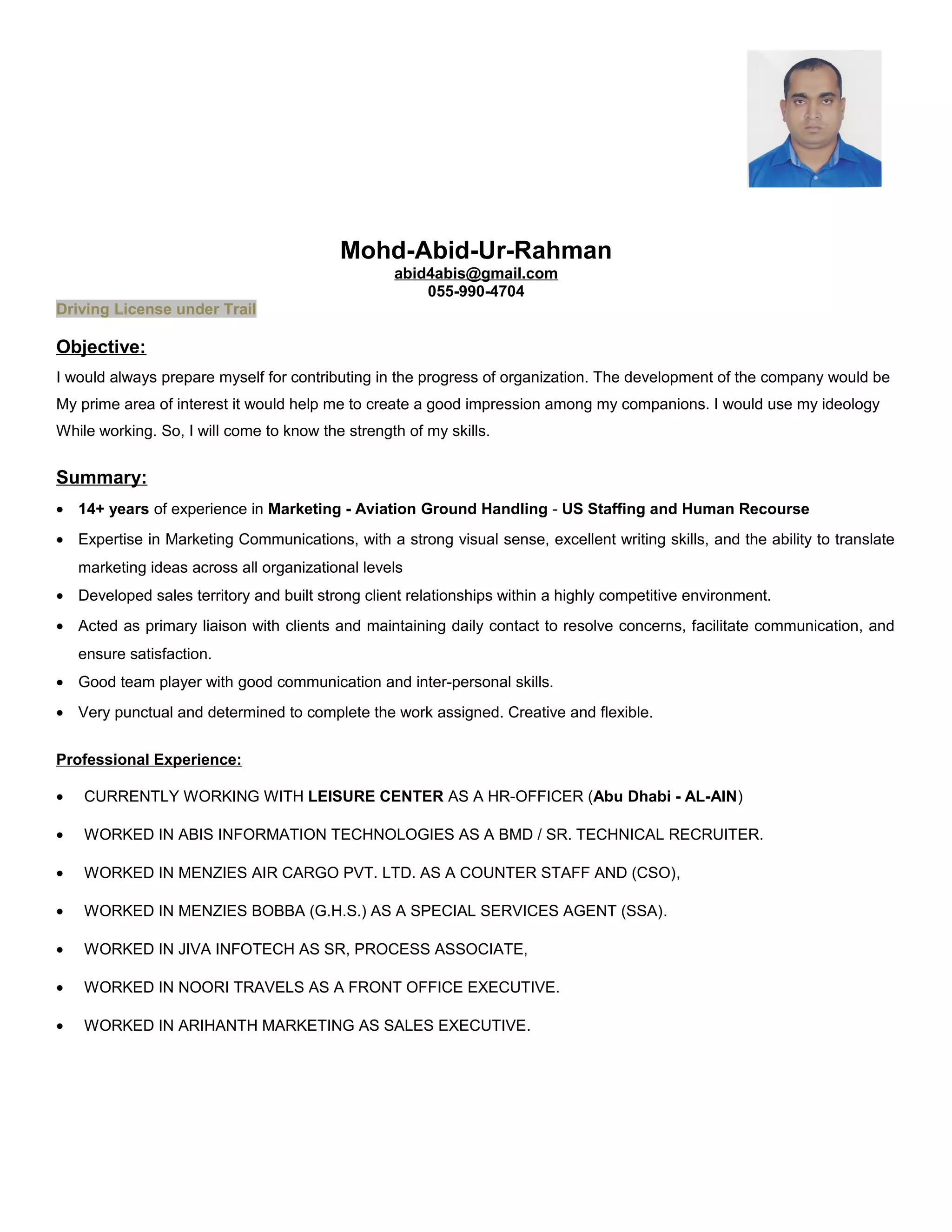 Abid HR Resume | DOC | Management Consulting Industry | Industries