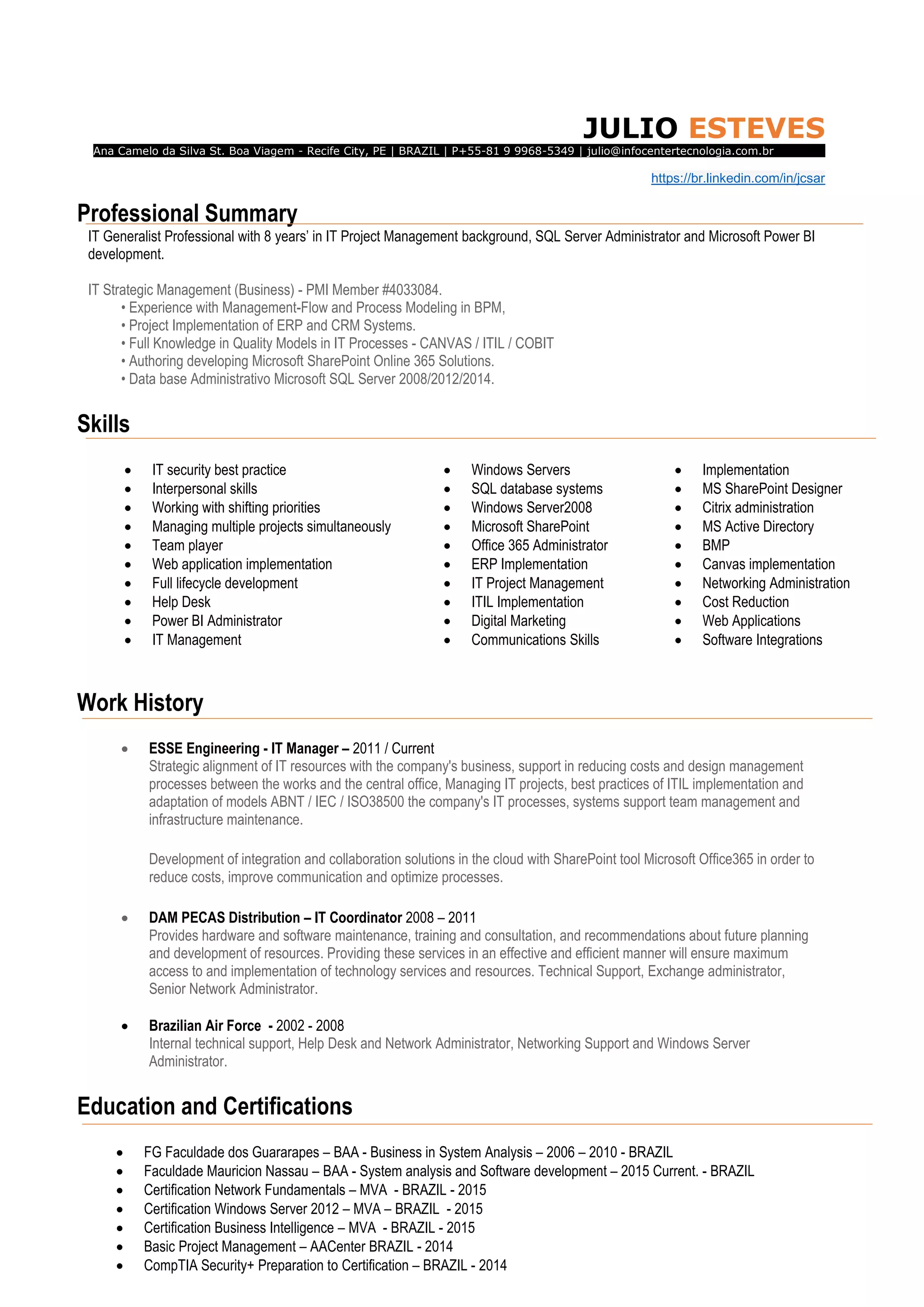 Resume - Julio | PDF | IT and Internet Support | Internet