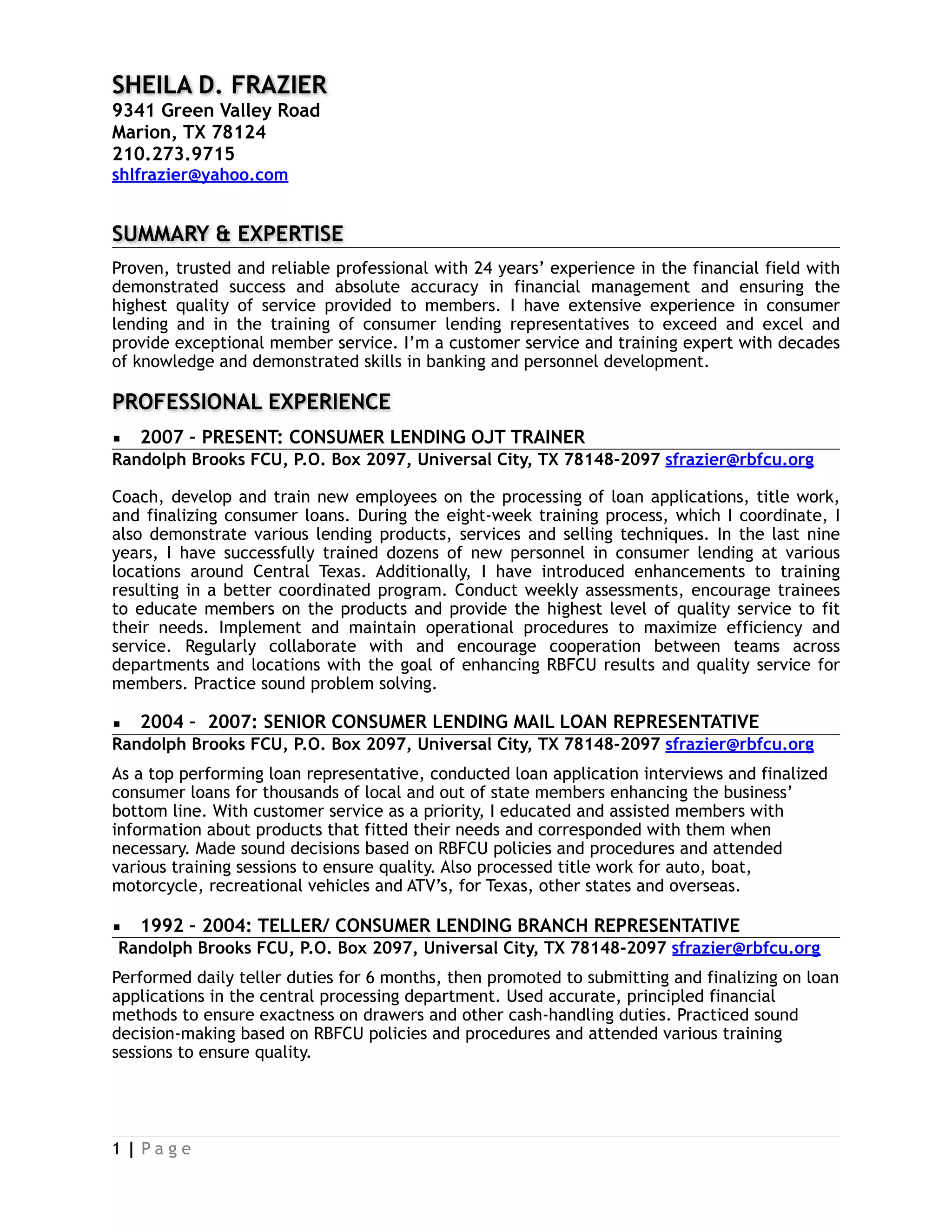 Sheila Frazier - Resume 2016 | PDF