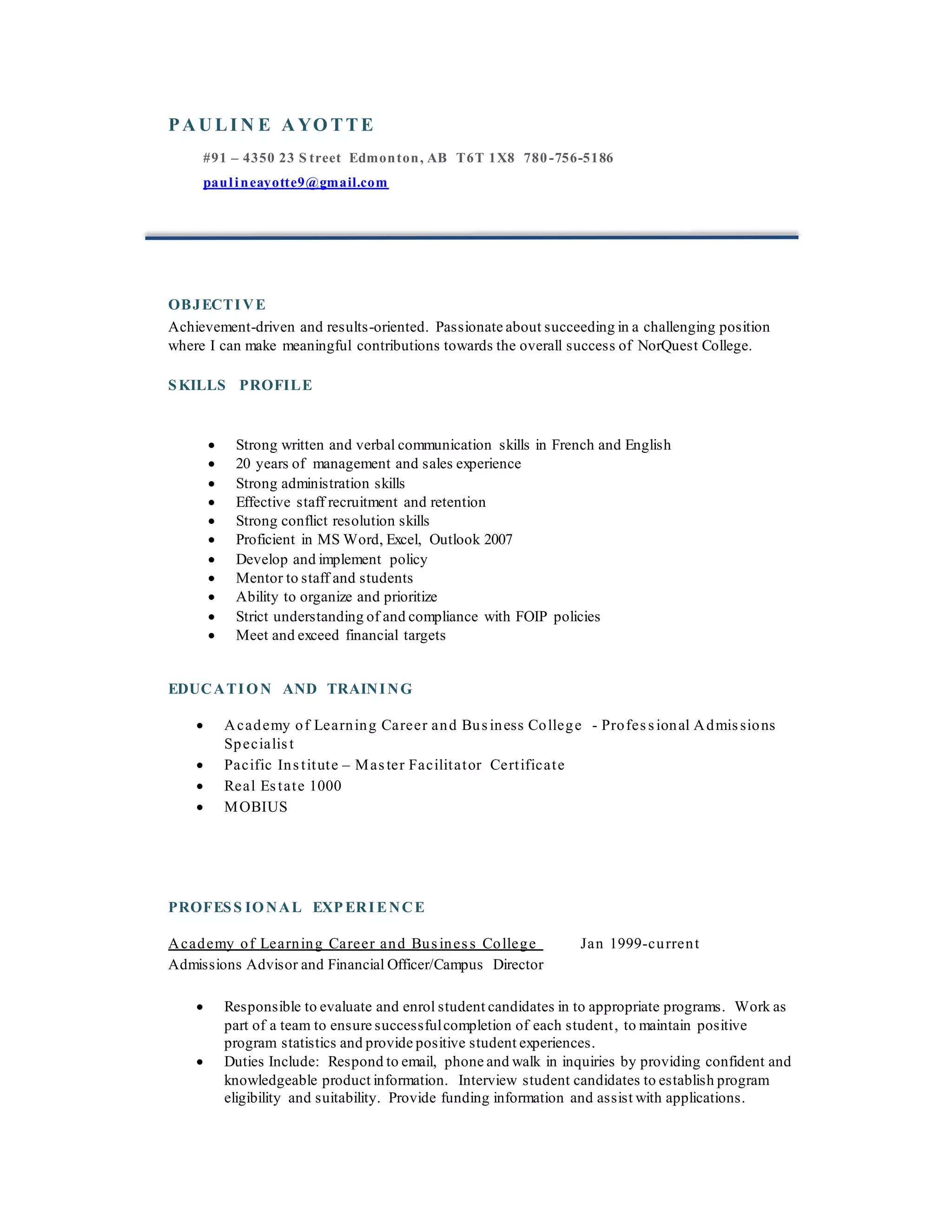 Pauline Ayotte.resume 2014 | DOCX