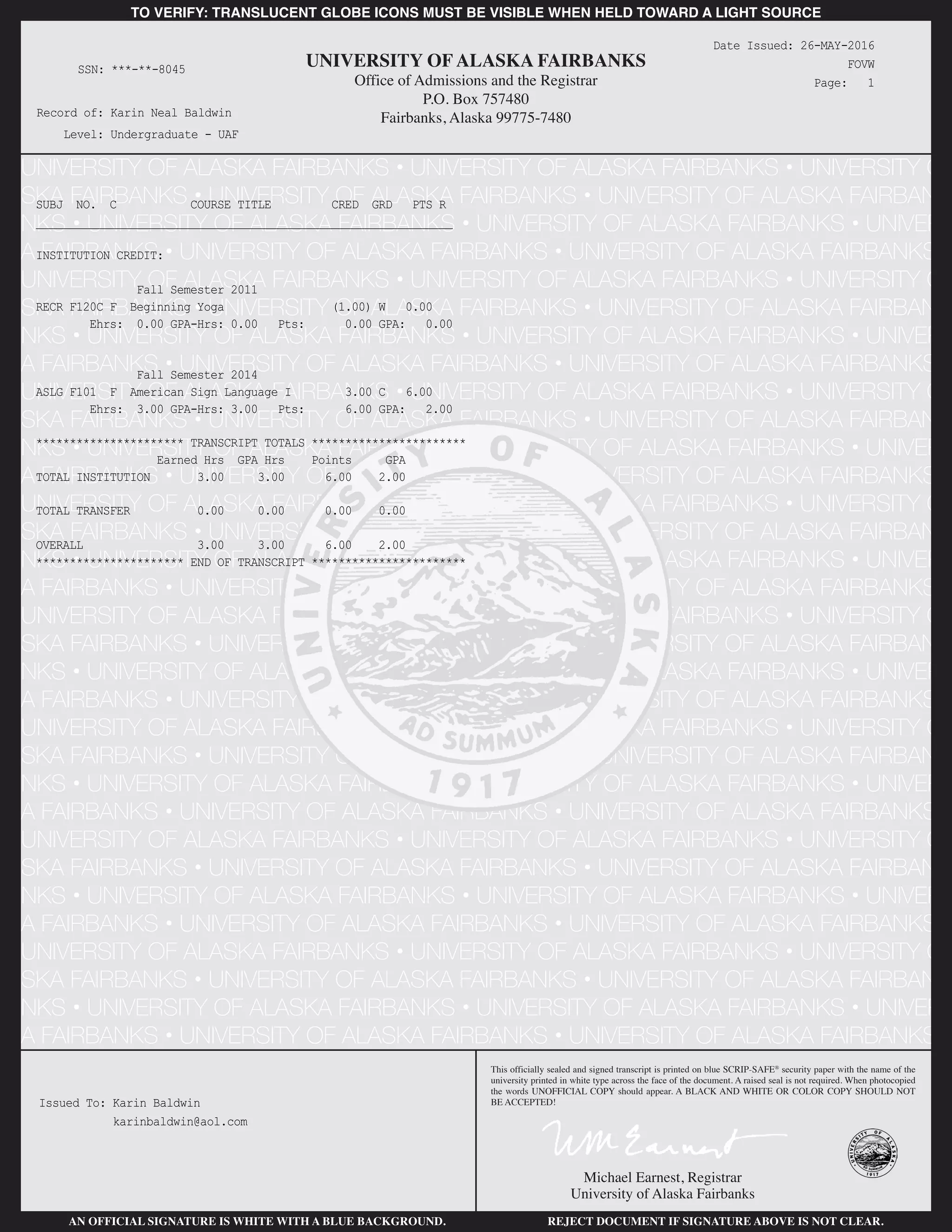 UAF Official Transcripts | PDF