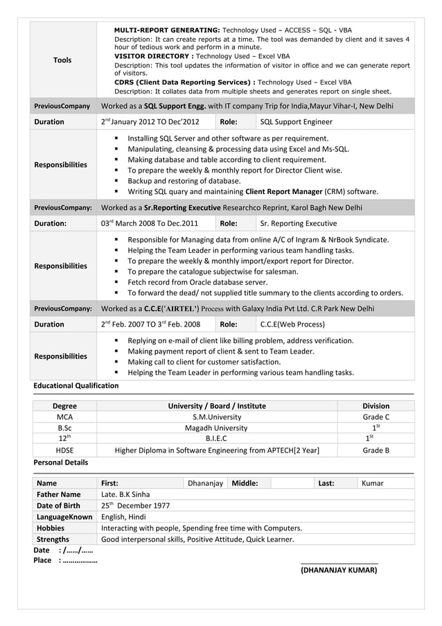 EXCEL WITH VBA+SQL- CV.doc@ 2.5 Yr exp DKUMAR | PDF