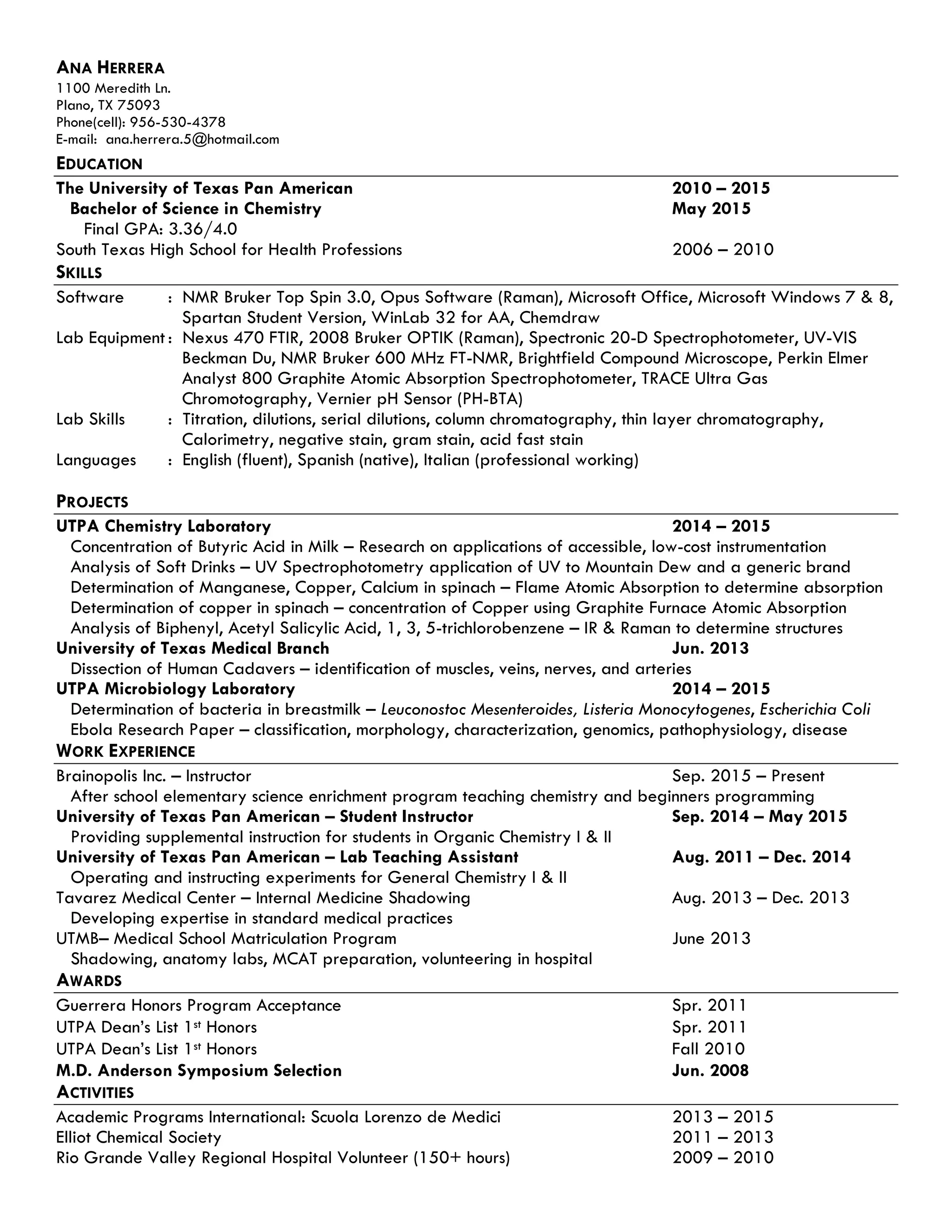 Ana Herrera Resume | PDF | Chemistry | Science