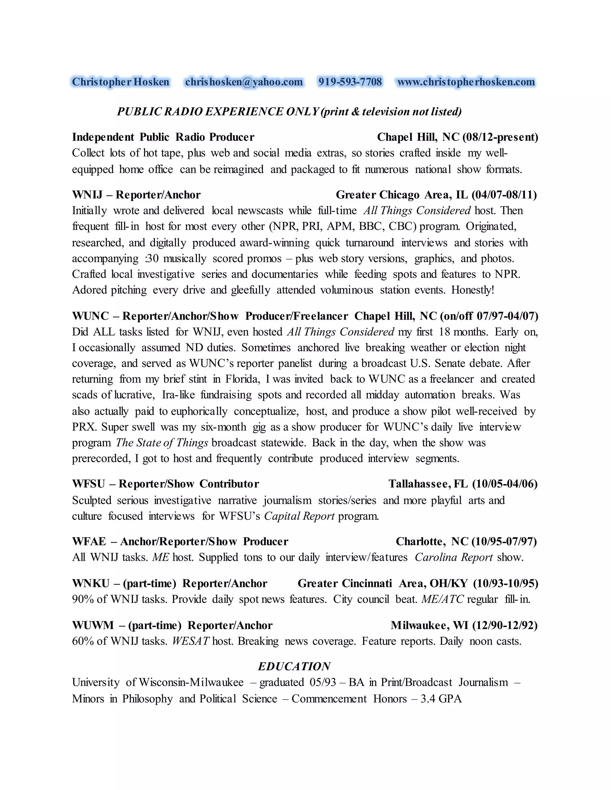 Christopher Hosken WUWM resume | DOCX
