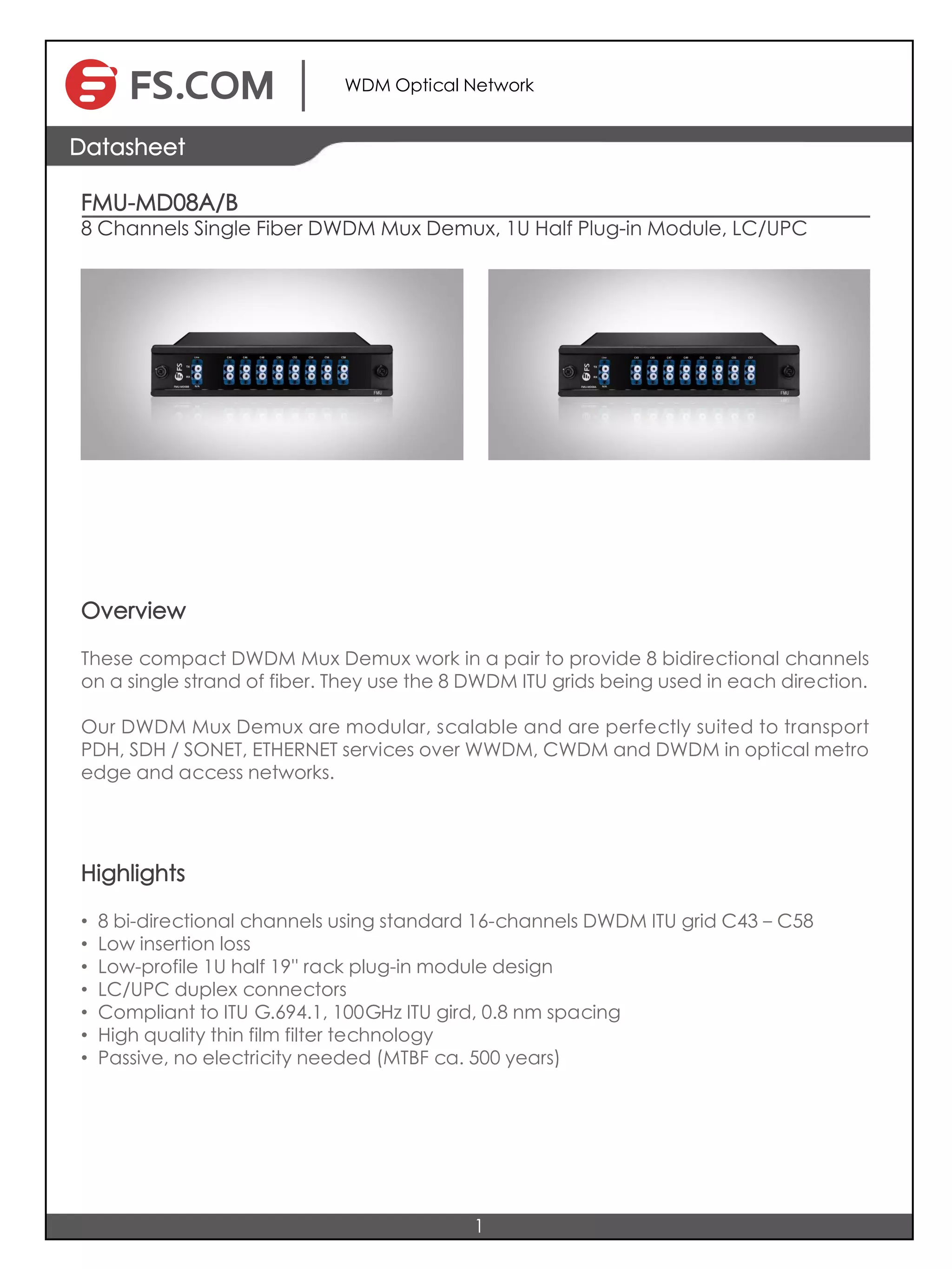 8 Channels Single Fiber DWDM Mux Demux, 1U Half Plug-in Module, LC/UPC ...