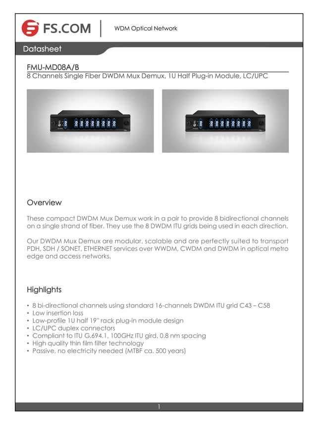 8 Channels Single Fiber DWDM Mux Demux, 1U Half Plug-in Module, LC/UPC | PDF | Computer ...