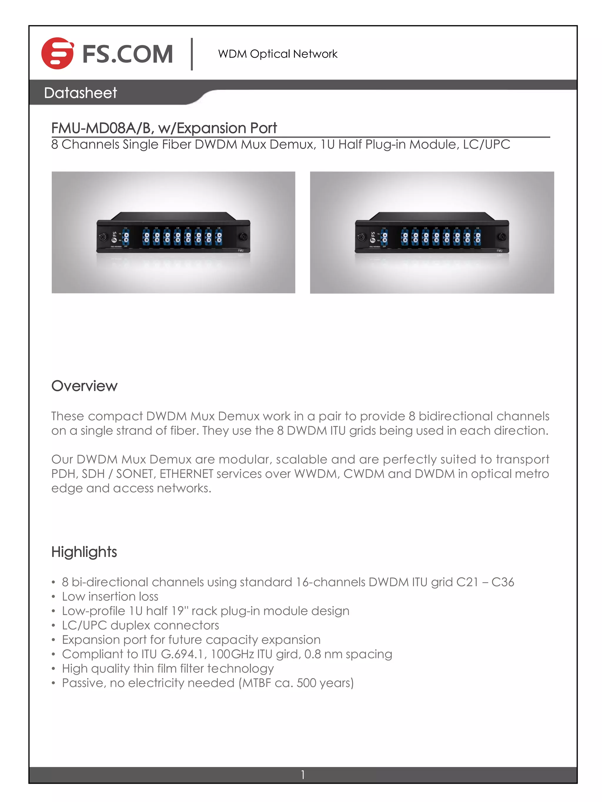 8 Channels Single Fiber DWDM Mux Demux,LC/UPC | PDF