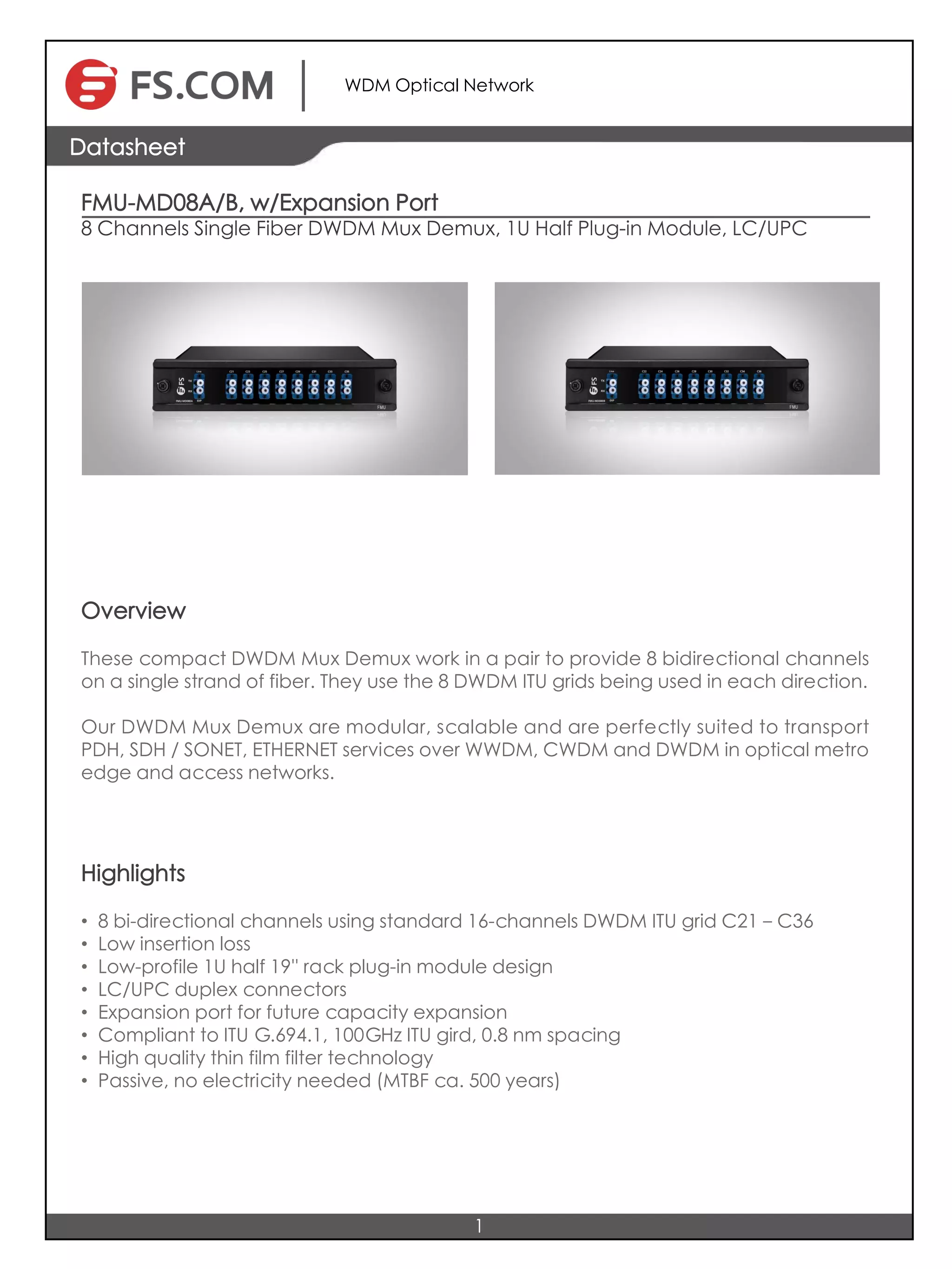 8 Channels Single Fiber DWDM Mux Demux,LC/UPC | PDF