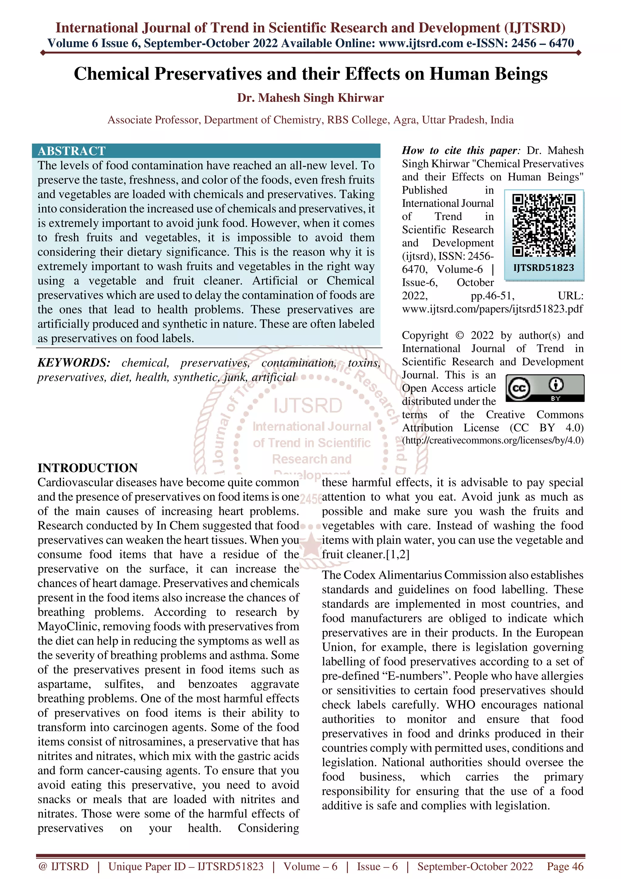 Chemical Preservatives and their Effects on Human Beings | PDF