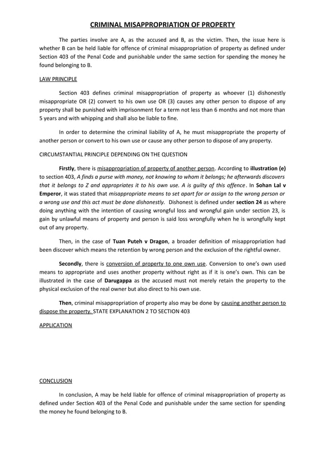 (8) criminal misappropriation of property | DOC | Crime & Harmful Acts ...