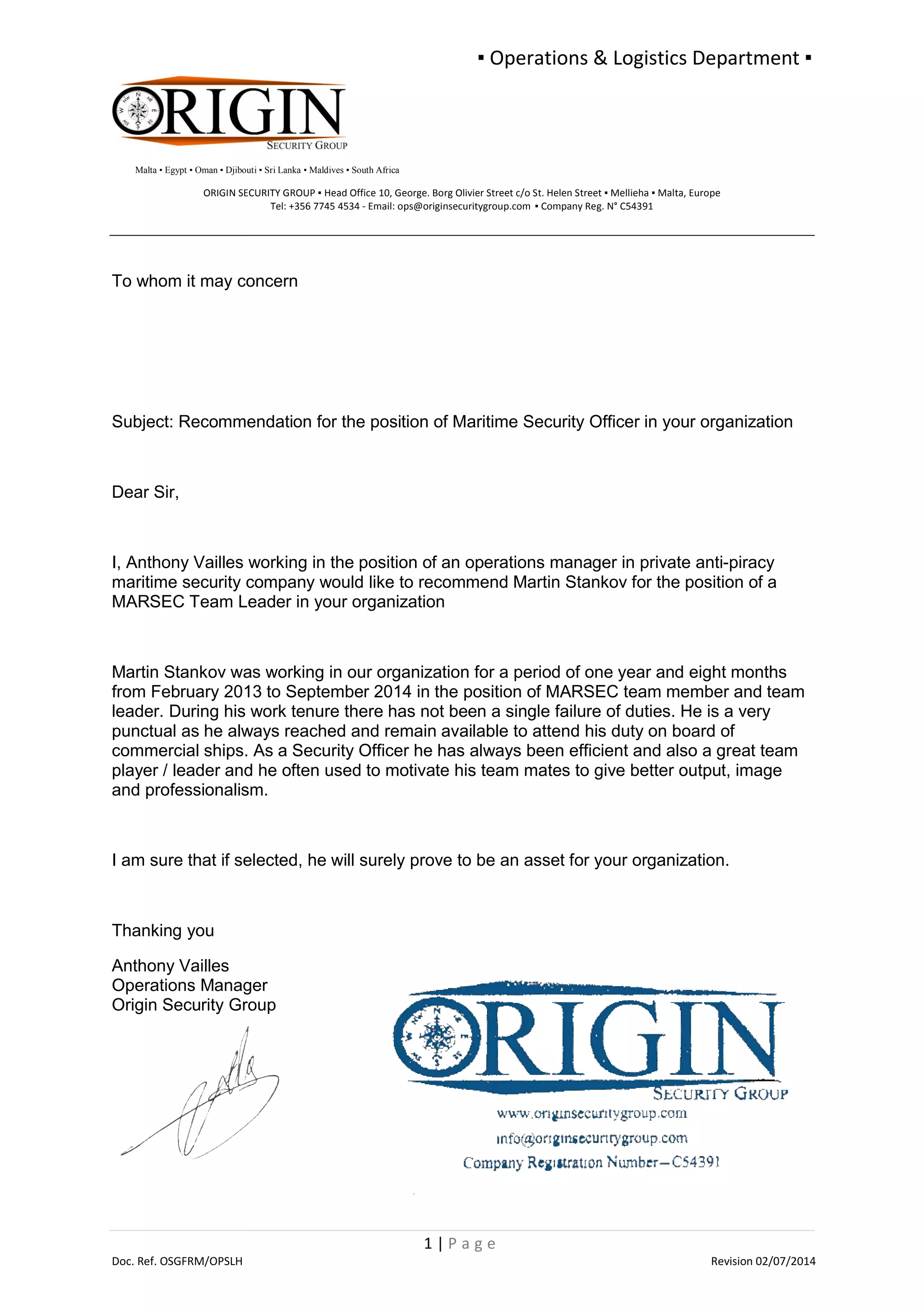 OSG Reference Letter OPS Manager | PDF