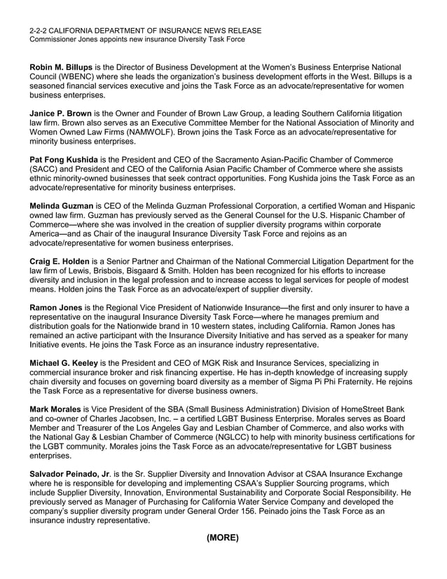 Press Release - Announcement of 2015-16 Insurance Diversity Task Force | PDF