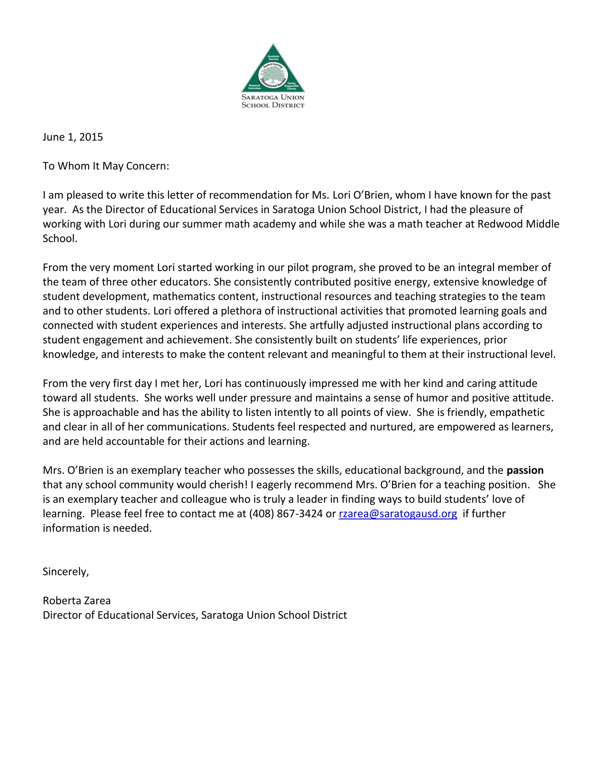 lori_obrien_letter_of_recommendation_RZ | PDF | Education industry | Industries