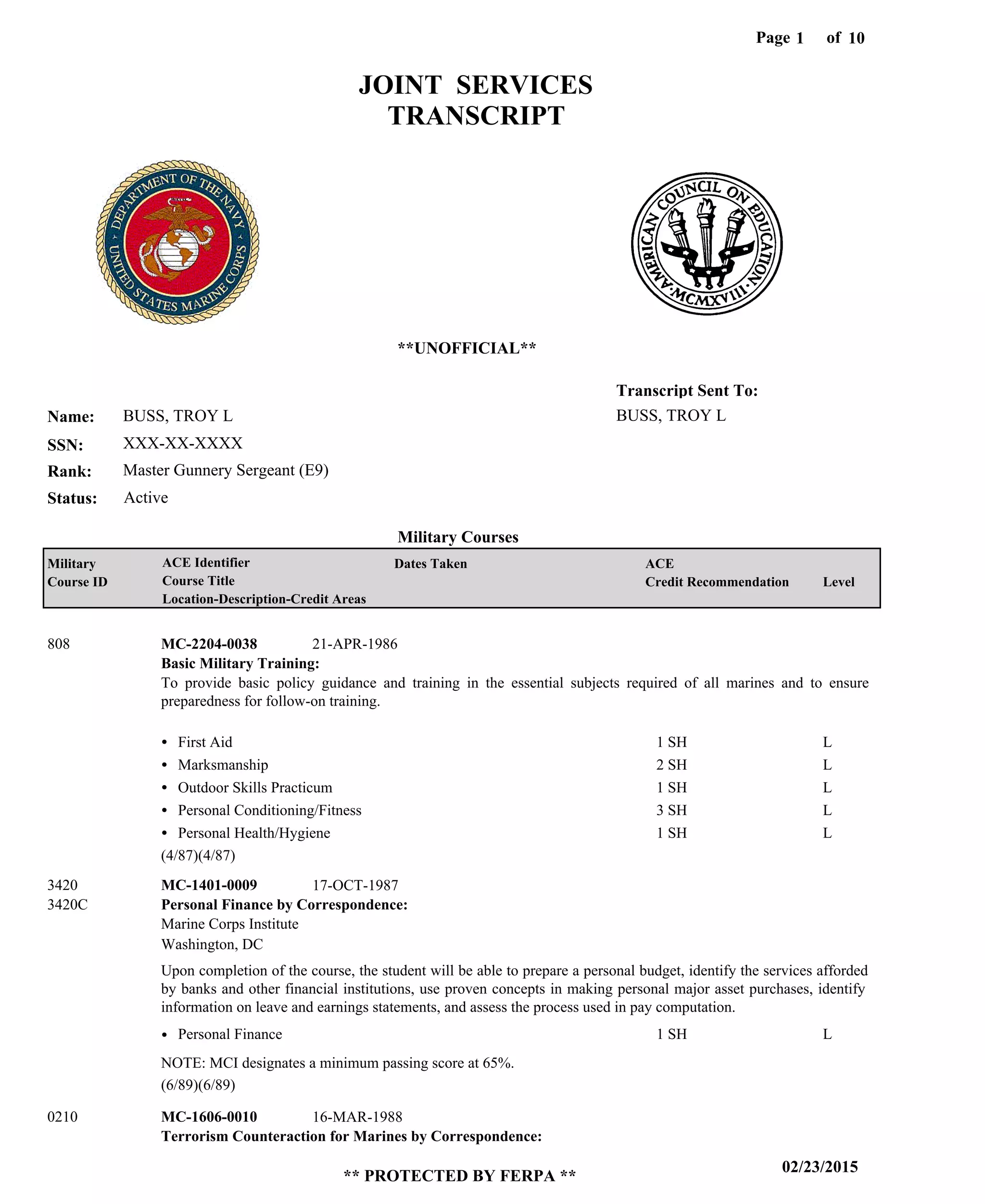 Joint Service transcript | PDF
