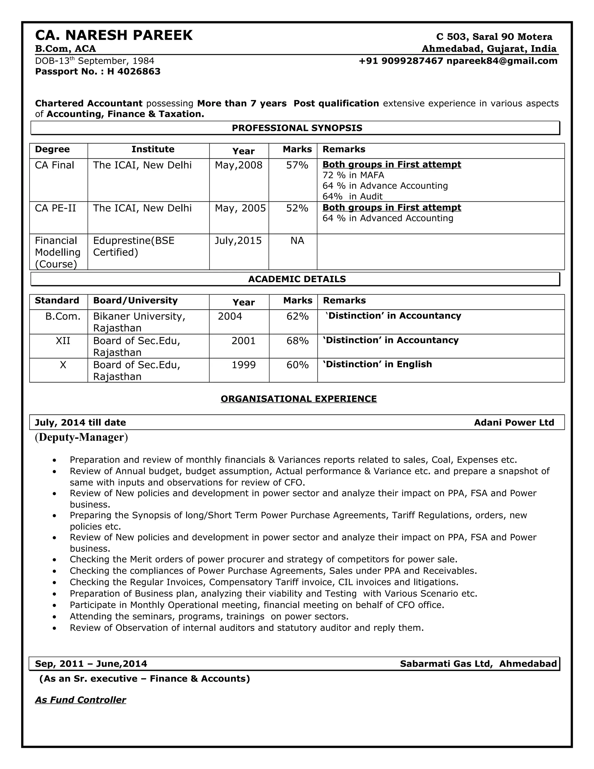 Resume__CA_Naresh_Pareek | DOC | Business Accounting & Finance | Business