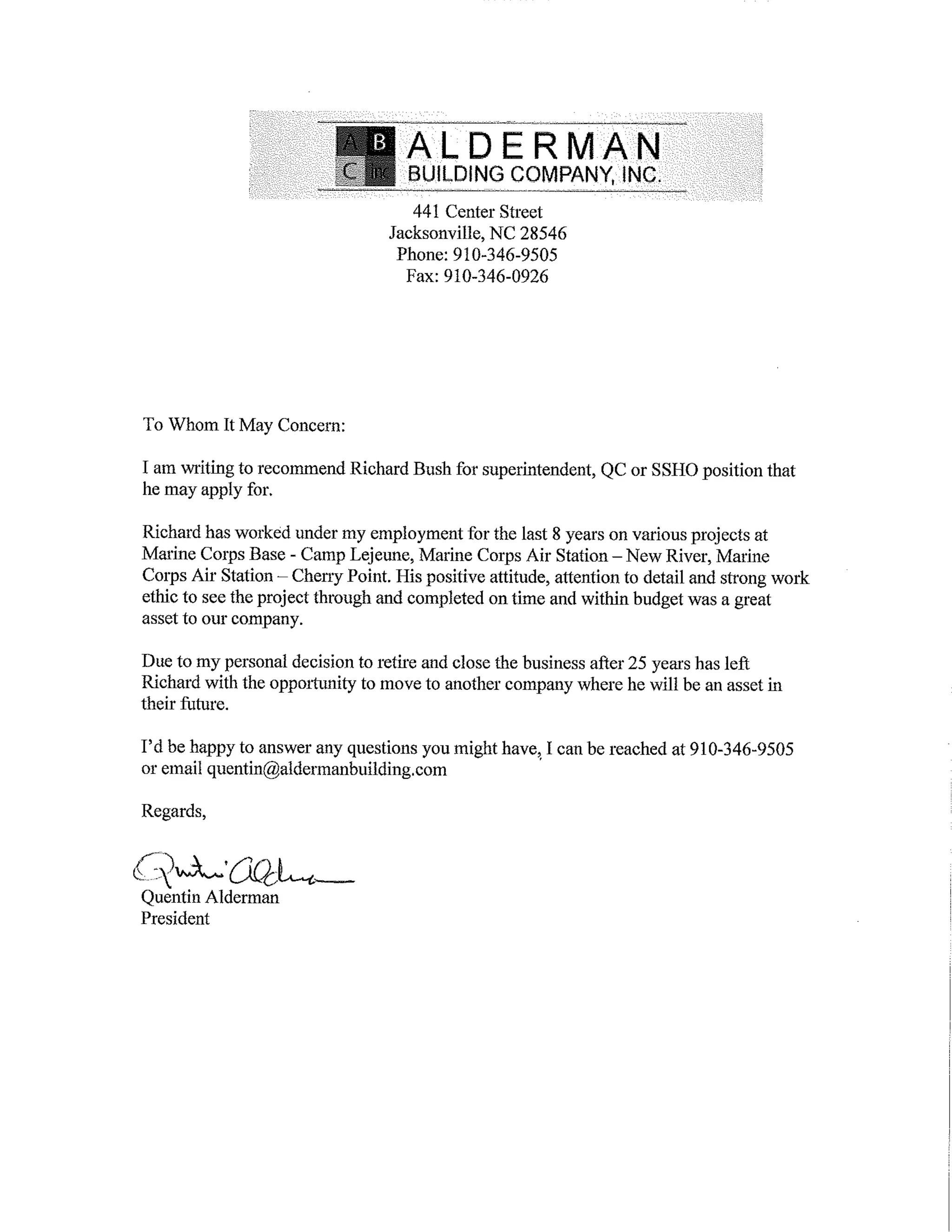 Quenten Sr Alderman Building Company Co. Inc. Richard Bush - Letter of ...