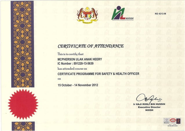 SHO Attendance Cert. Niosh | PPT