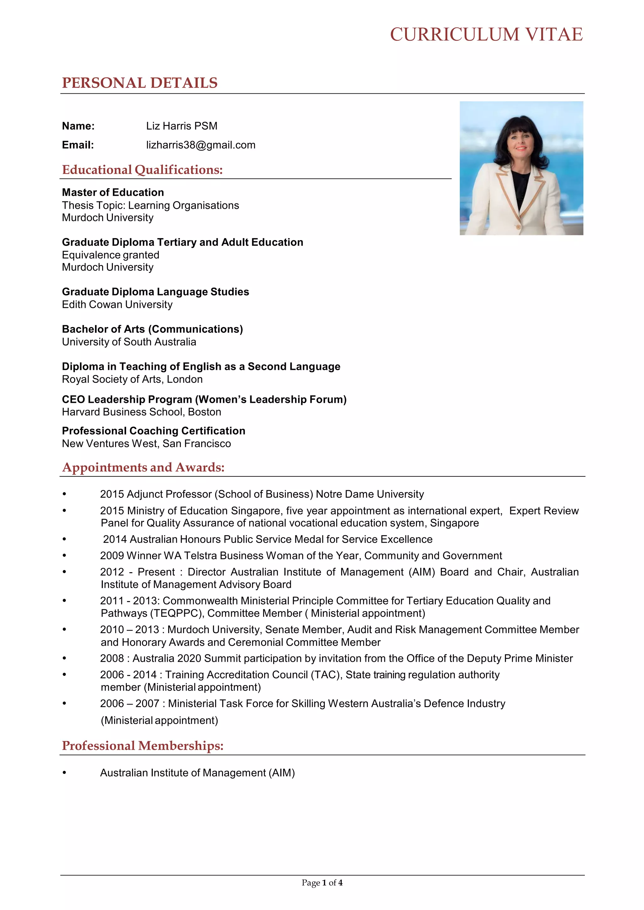 Brief CV for Liz Harris with email - 2015 | PDF