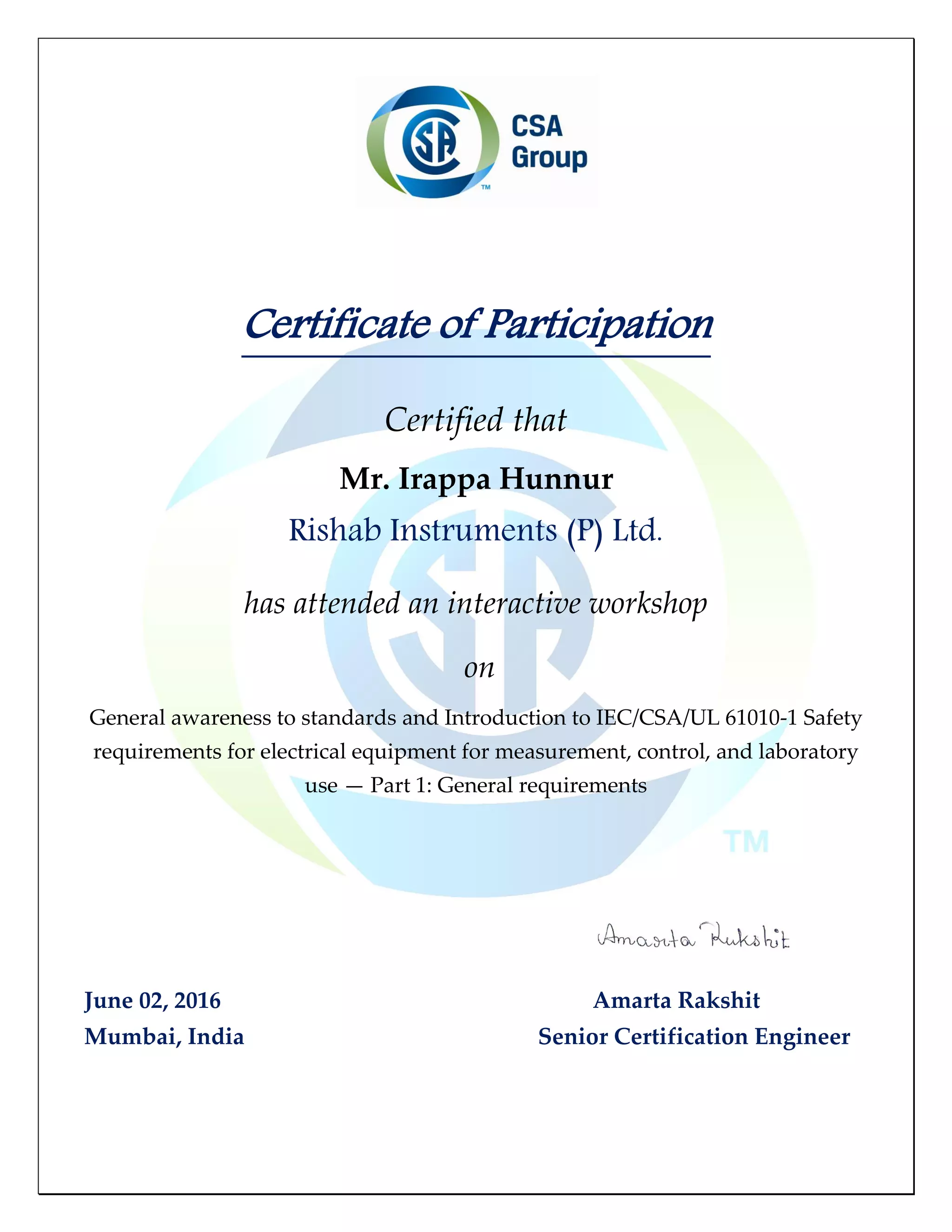 CSA Certificate - Rishabh - Irappa Hunnur | PDF