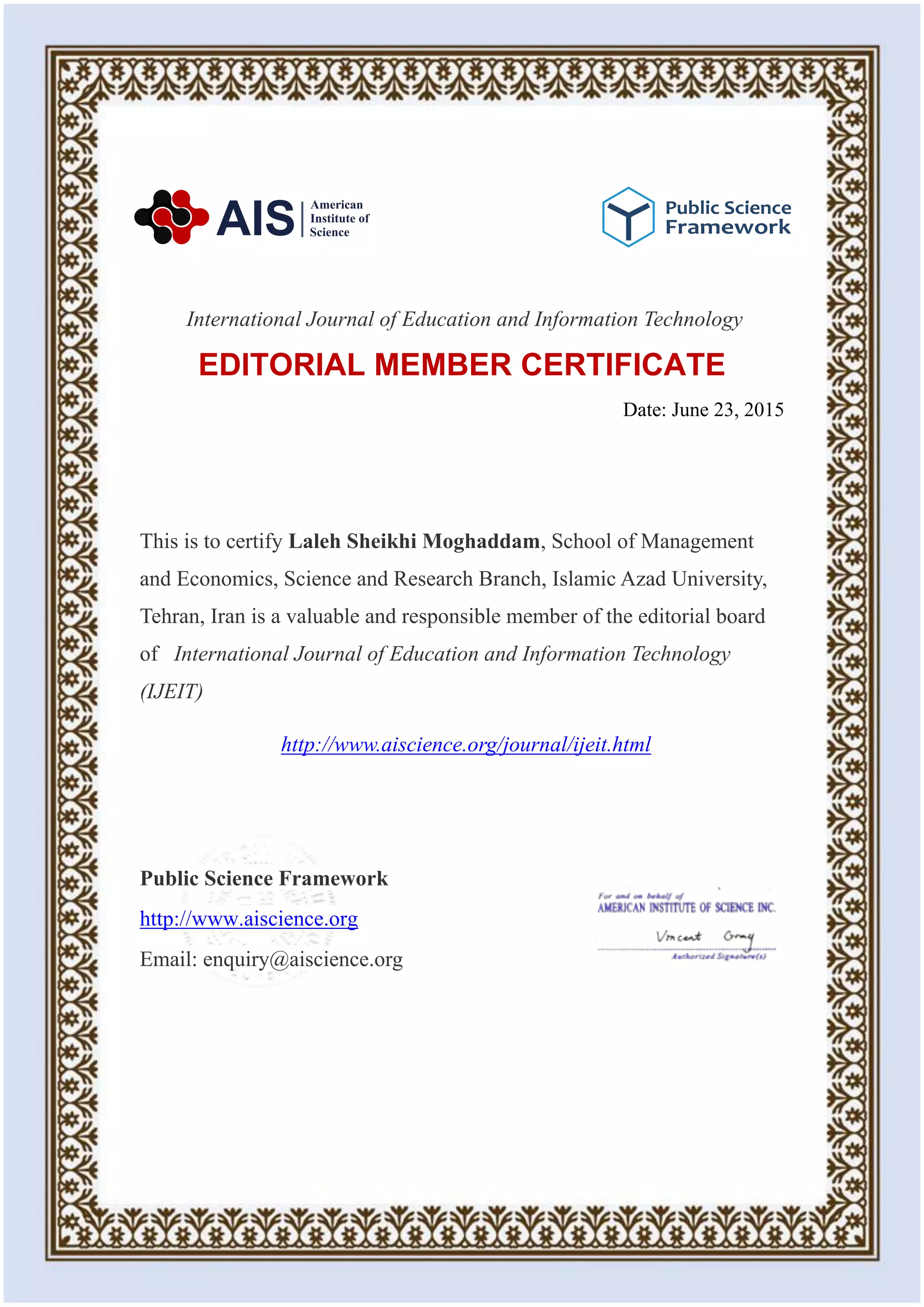 Editorial Member Certificate(3) | PDF | Education