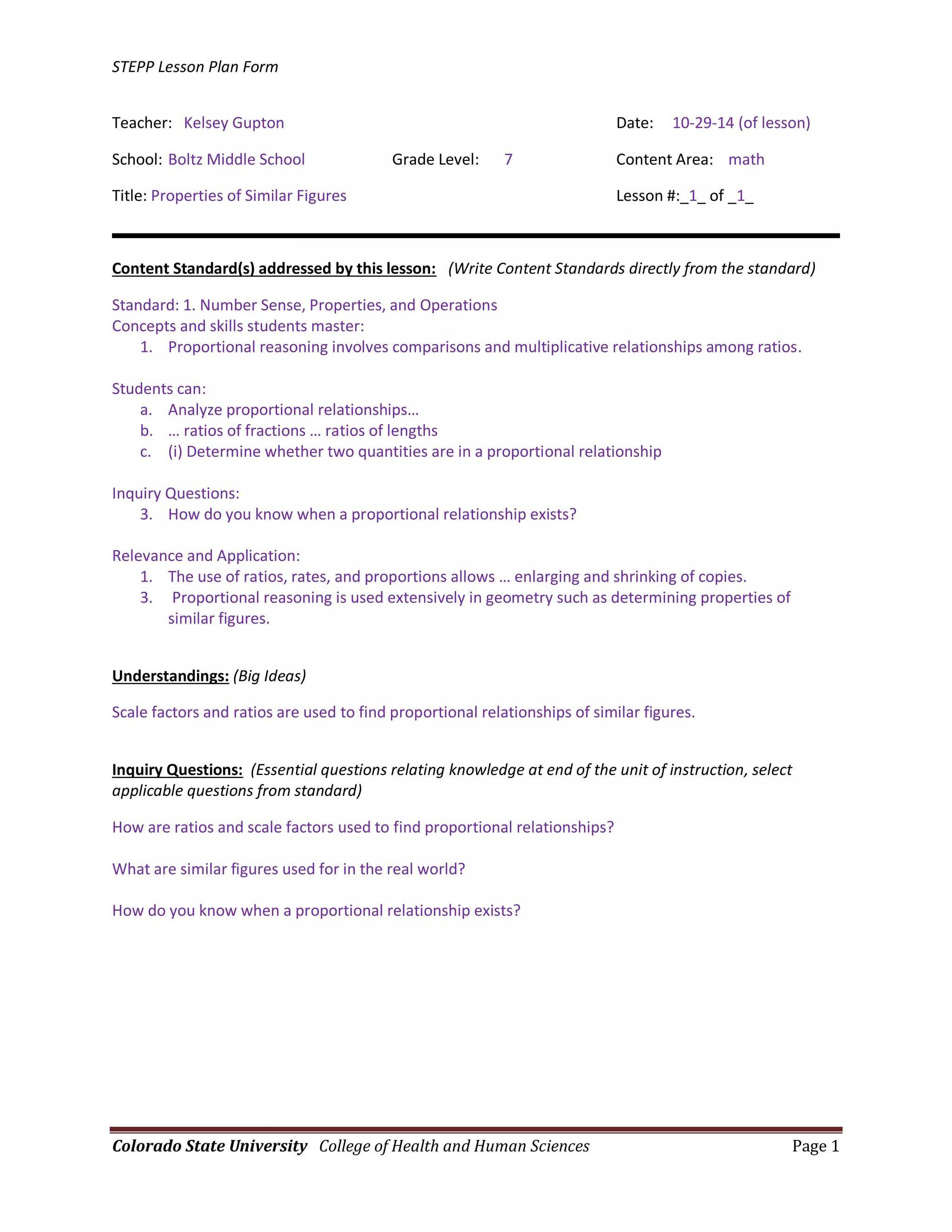 Lesson Plan for 7th Grade Math Class | PDF