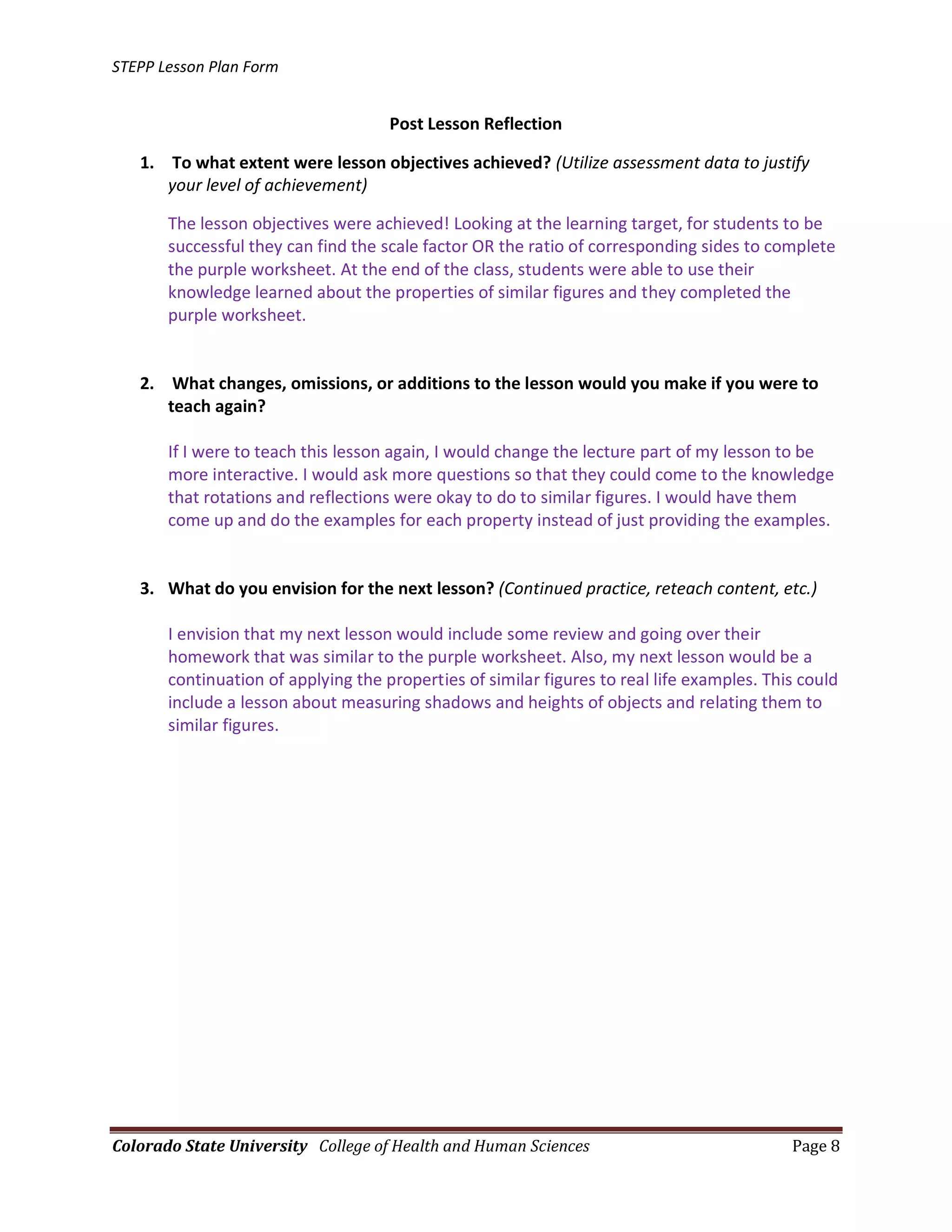 Lesson Plan for 7th Grade Math Class | PDF