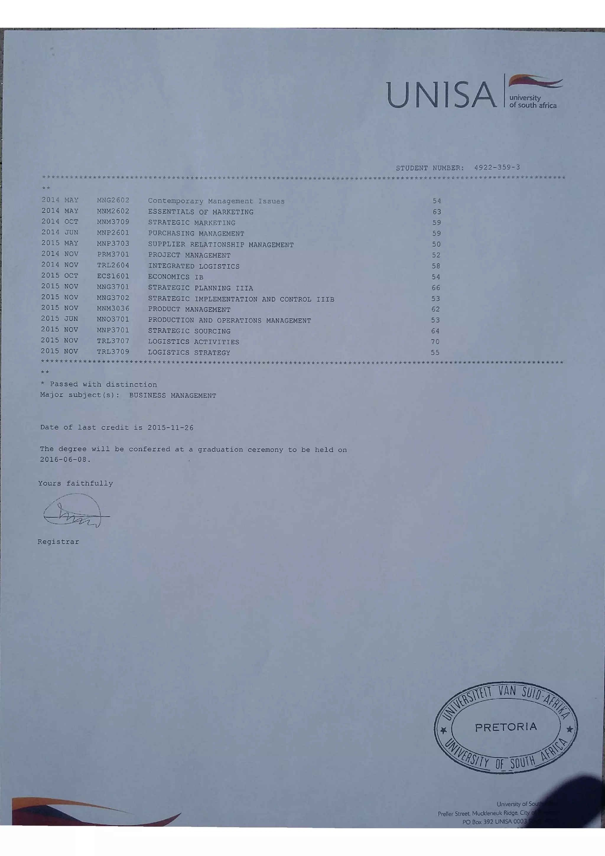 Unisa transcript page 2 | PDF