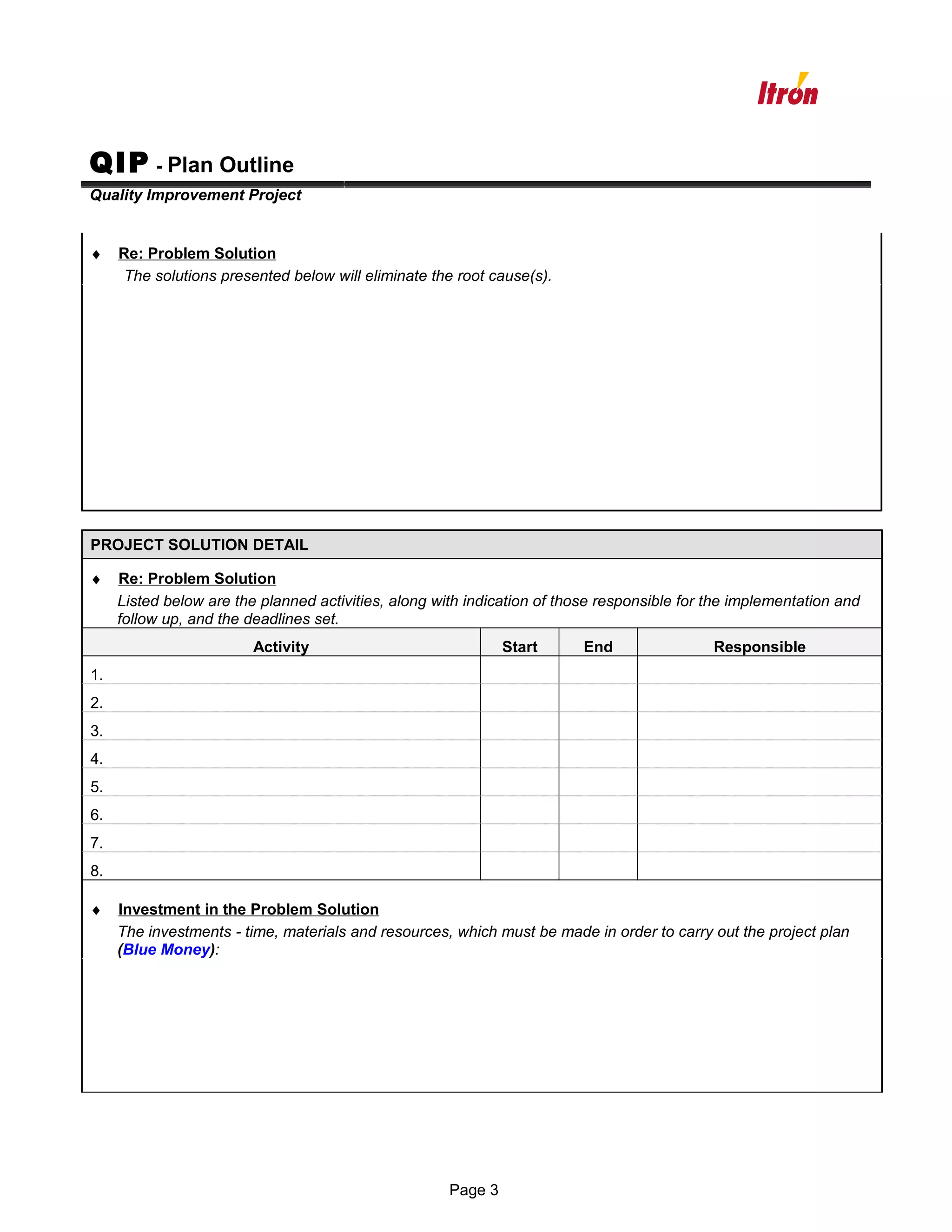 QIP team plan results form Itron | PDF