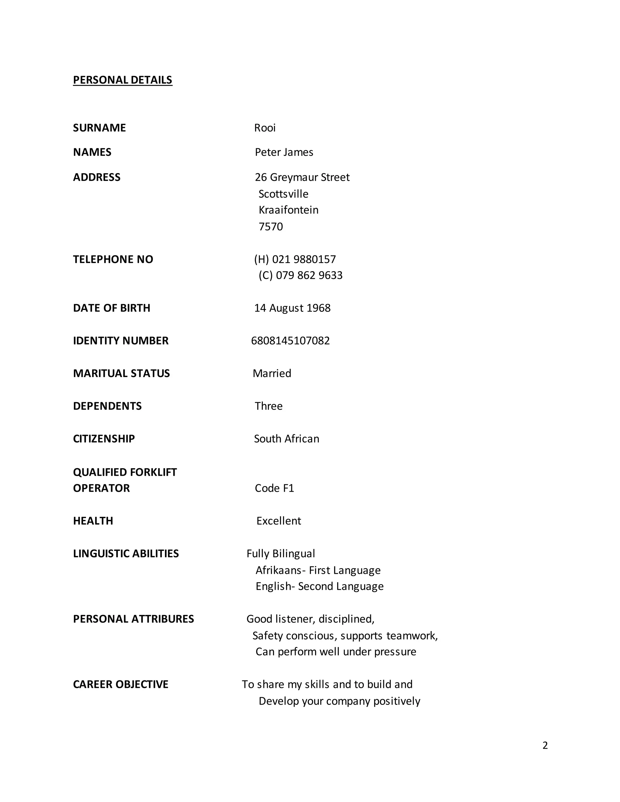 CURRICULUM VITAE OF PETER ROOI | DOCX