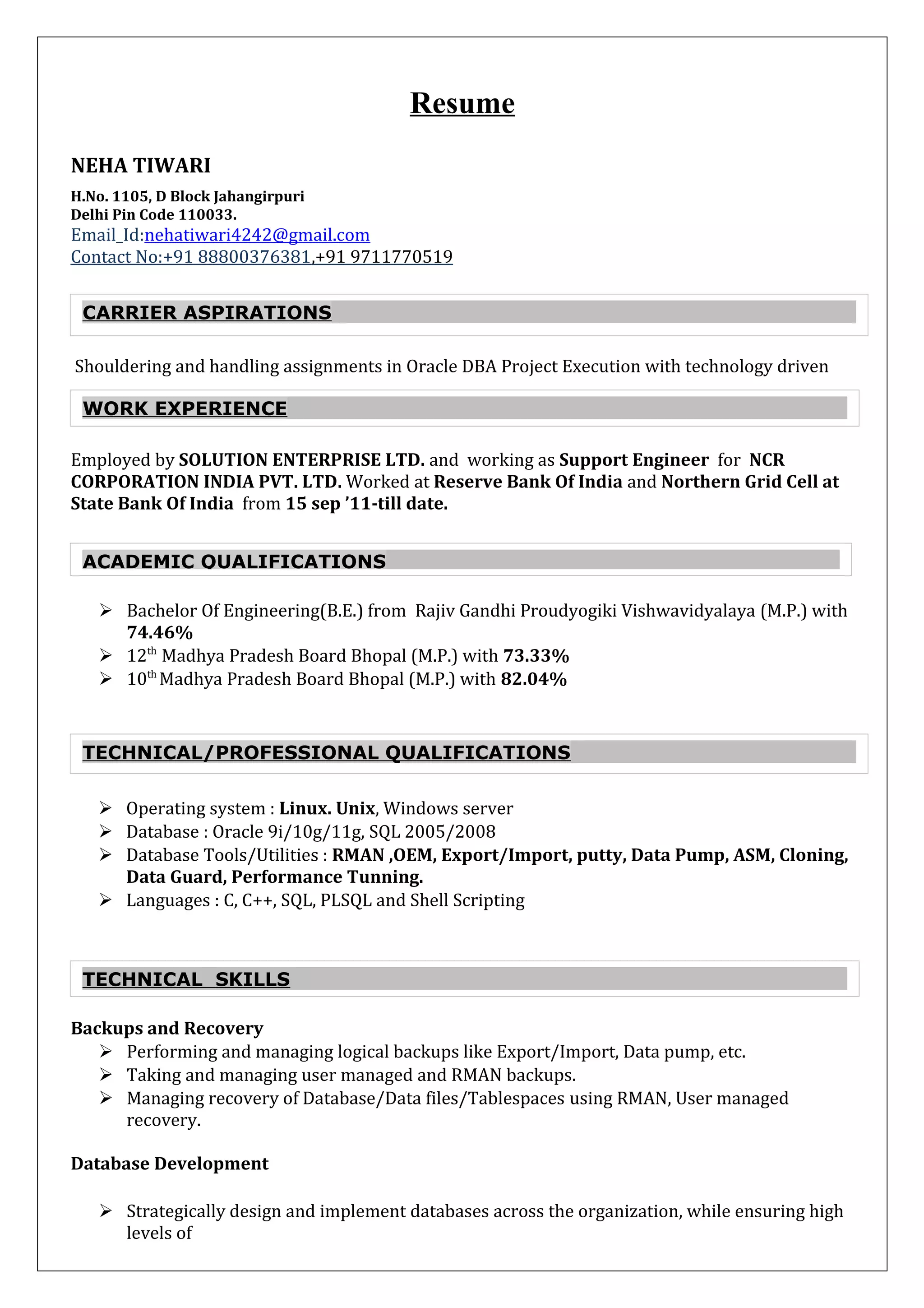 Neha_Tiwari_DBA | DOC | IT and Internet Support | Internet