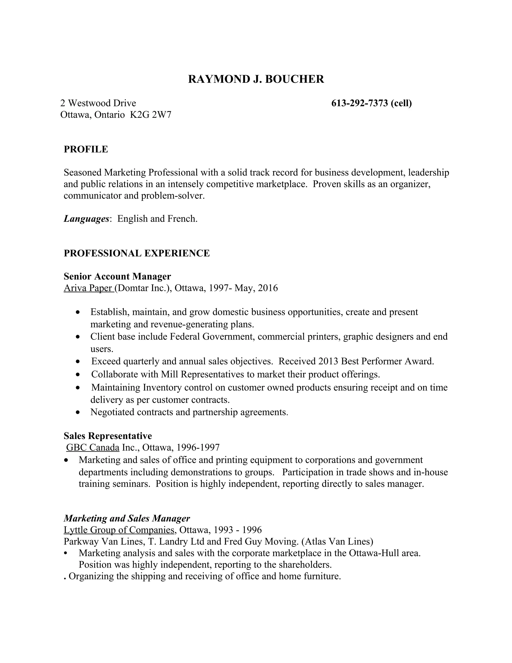 CV Ray Boucher | DOC | Business Travel | Travel Type