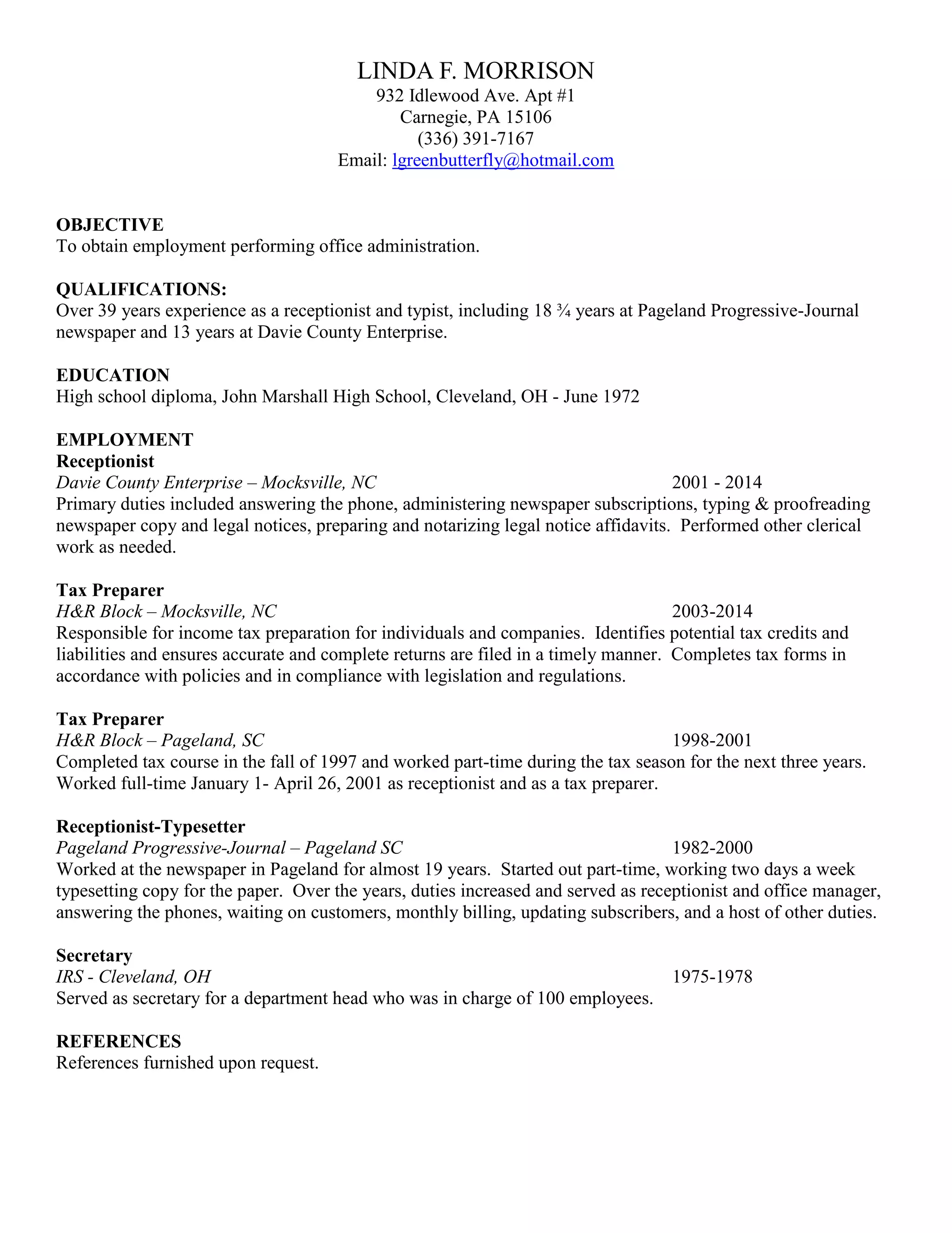 Linda Morrison Resume | PDF