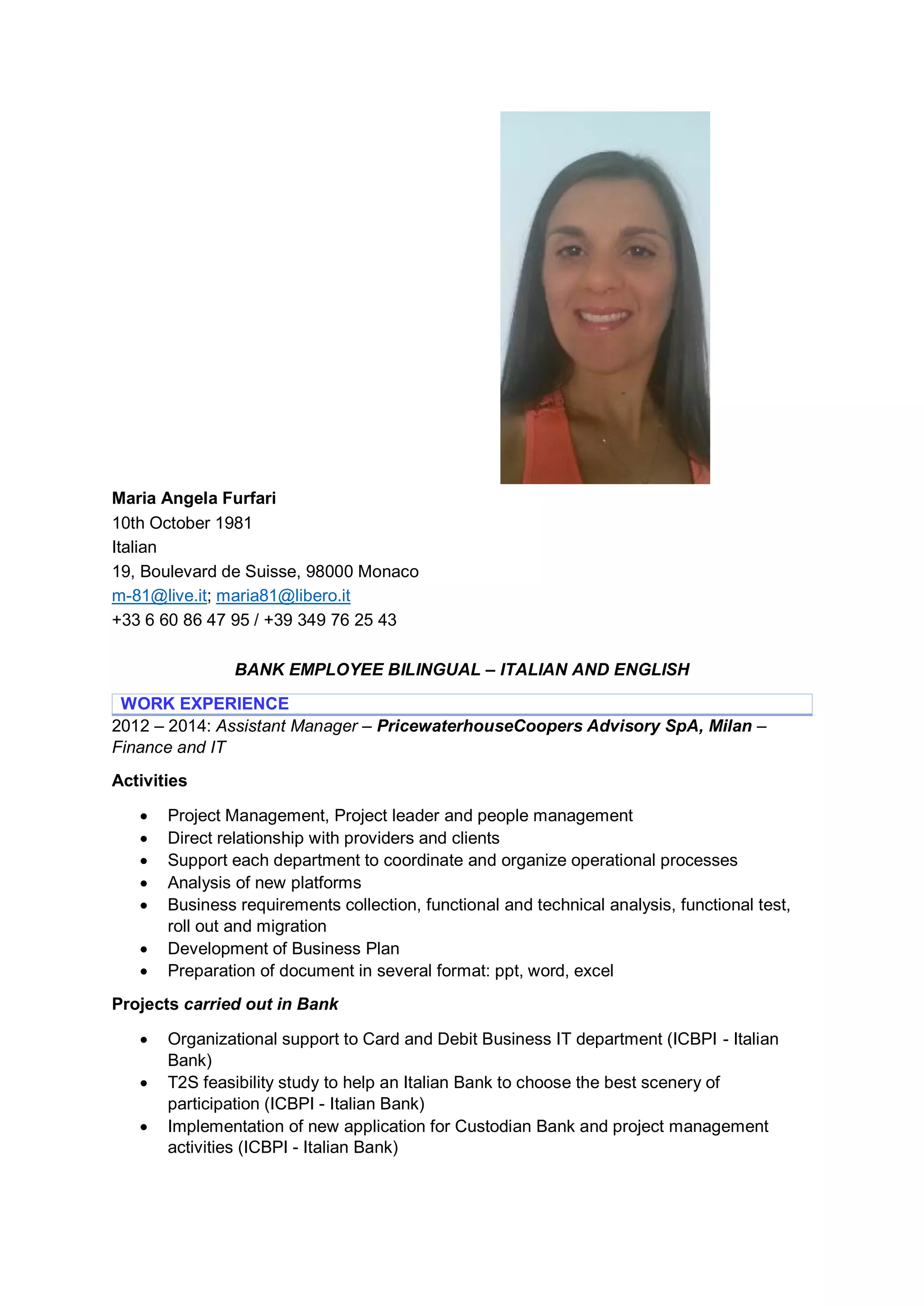 Curriculum Vitae Maria Angela Furfari | PDF | Business Banking & Finance | Business