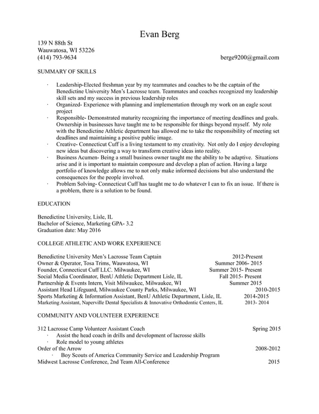 Evan Berg Resumé Final | DOC | Lacrosse | Sports