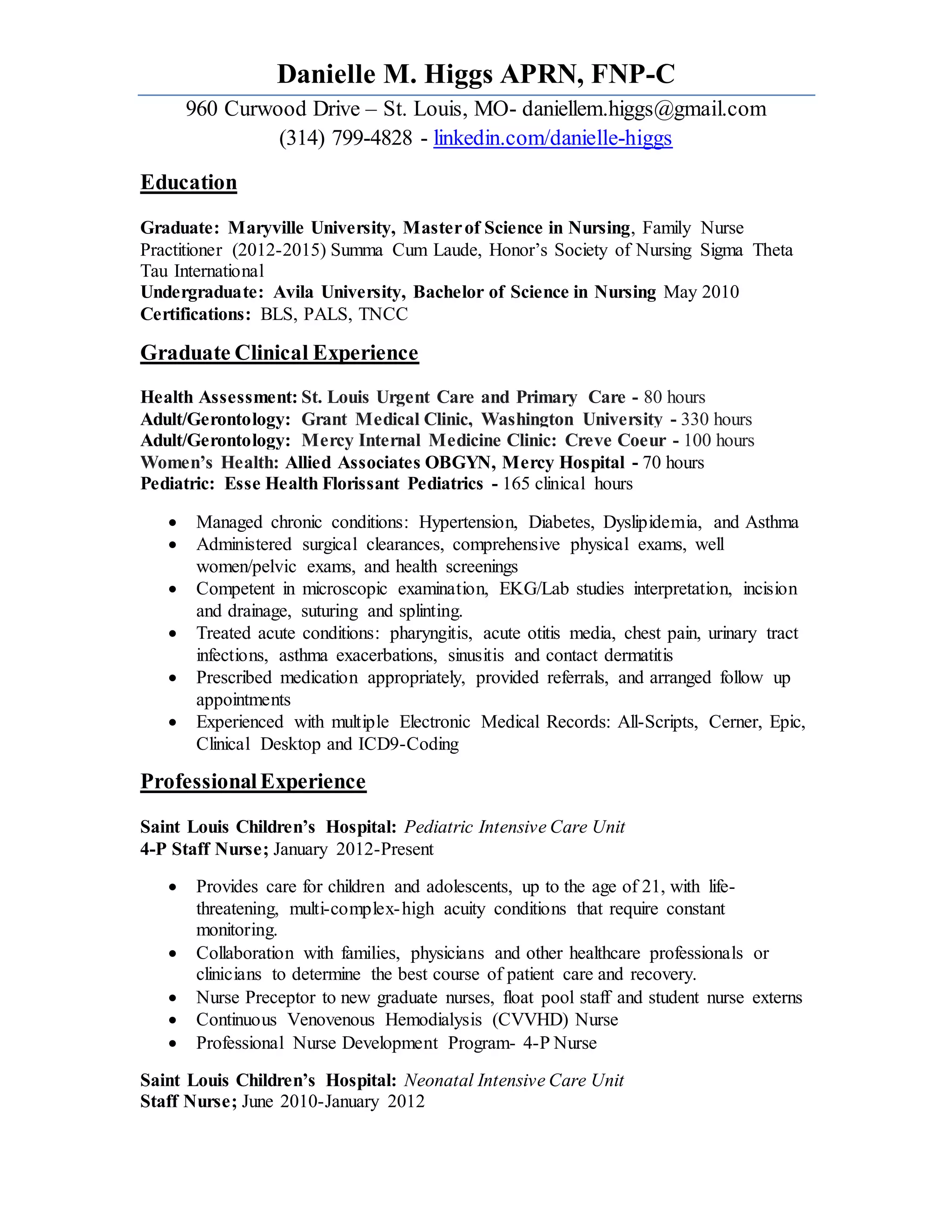 Danielle Higgs ARPN FNP-C Resume | DOCX